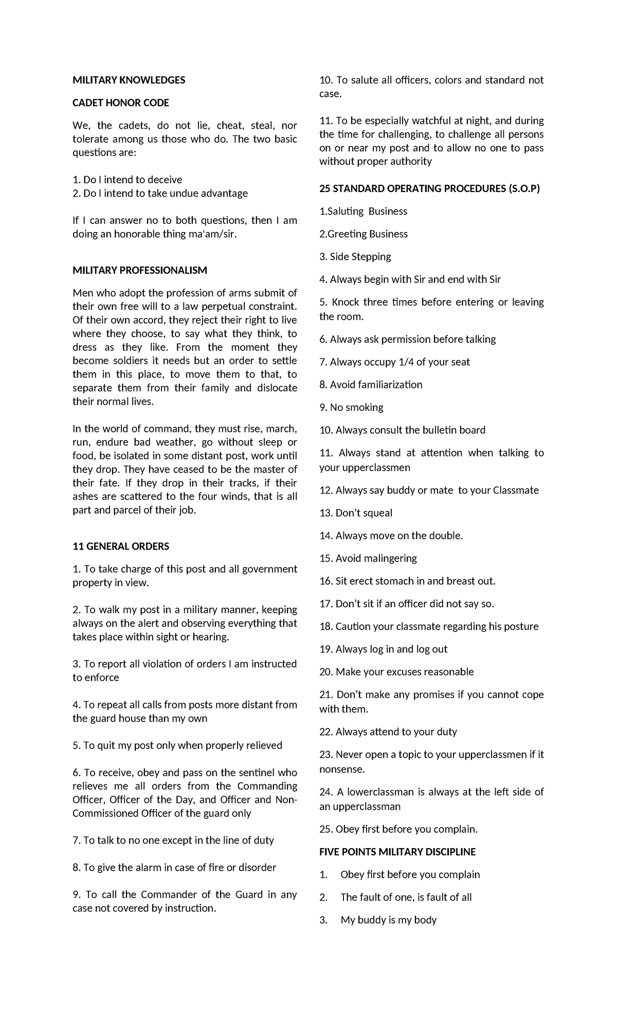 MILITARY KNOWLEDGE NOTES: CADET HONOR CODE & DISCIPLINE - Studocu