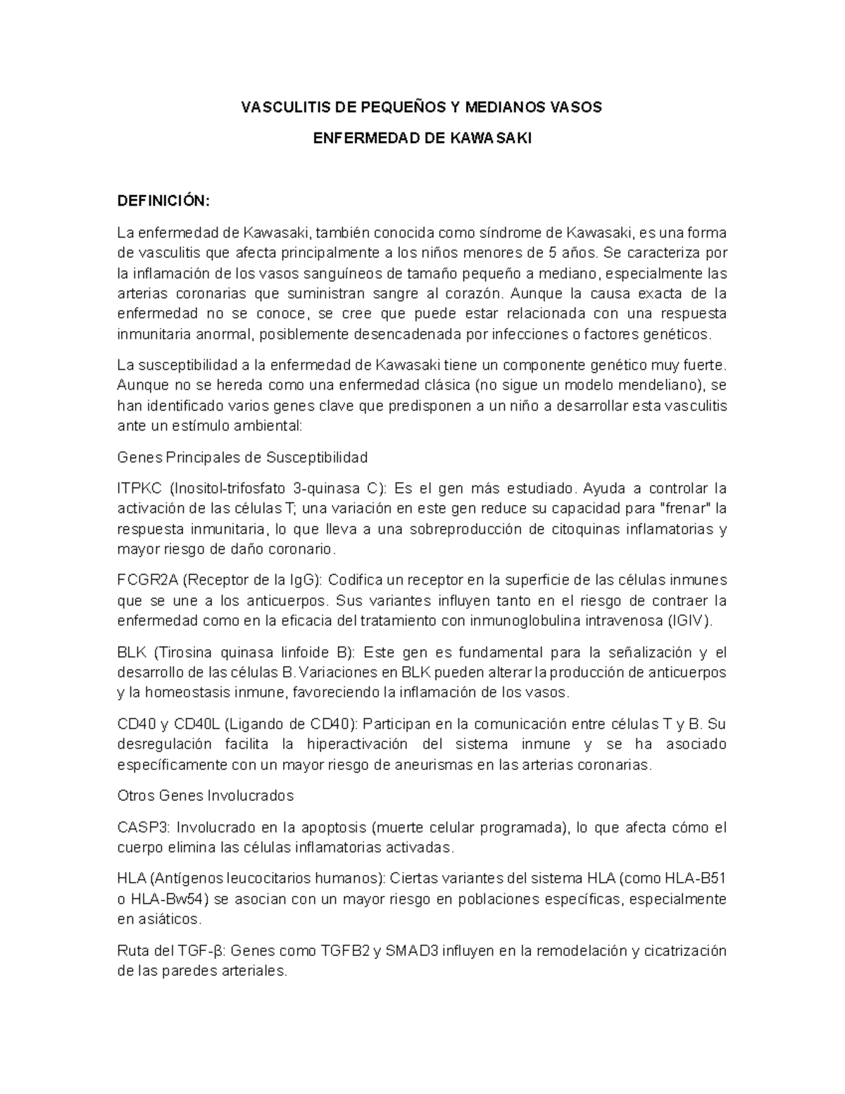 Vasculitis de Pequeños y Medianos Vasos: Enfermedad de Kawasaki - Studocu