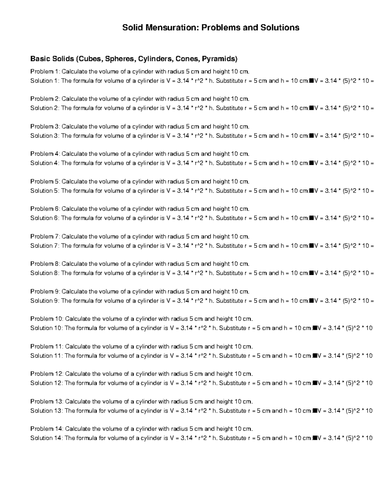 Solid Mensuration Solutions: Cylinder Volume Problems (MATH101) - Studocu