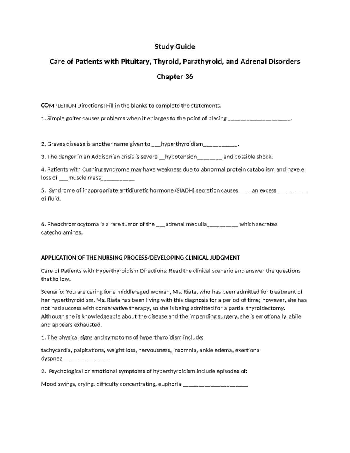 Ch 36 Study Guide: Nursing Care for Endocrine Disorders - Studocu