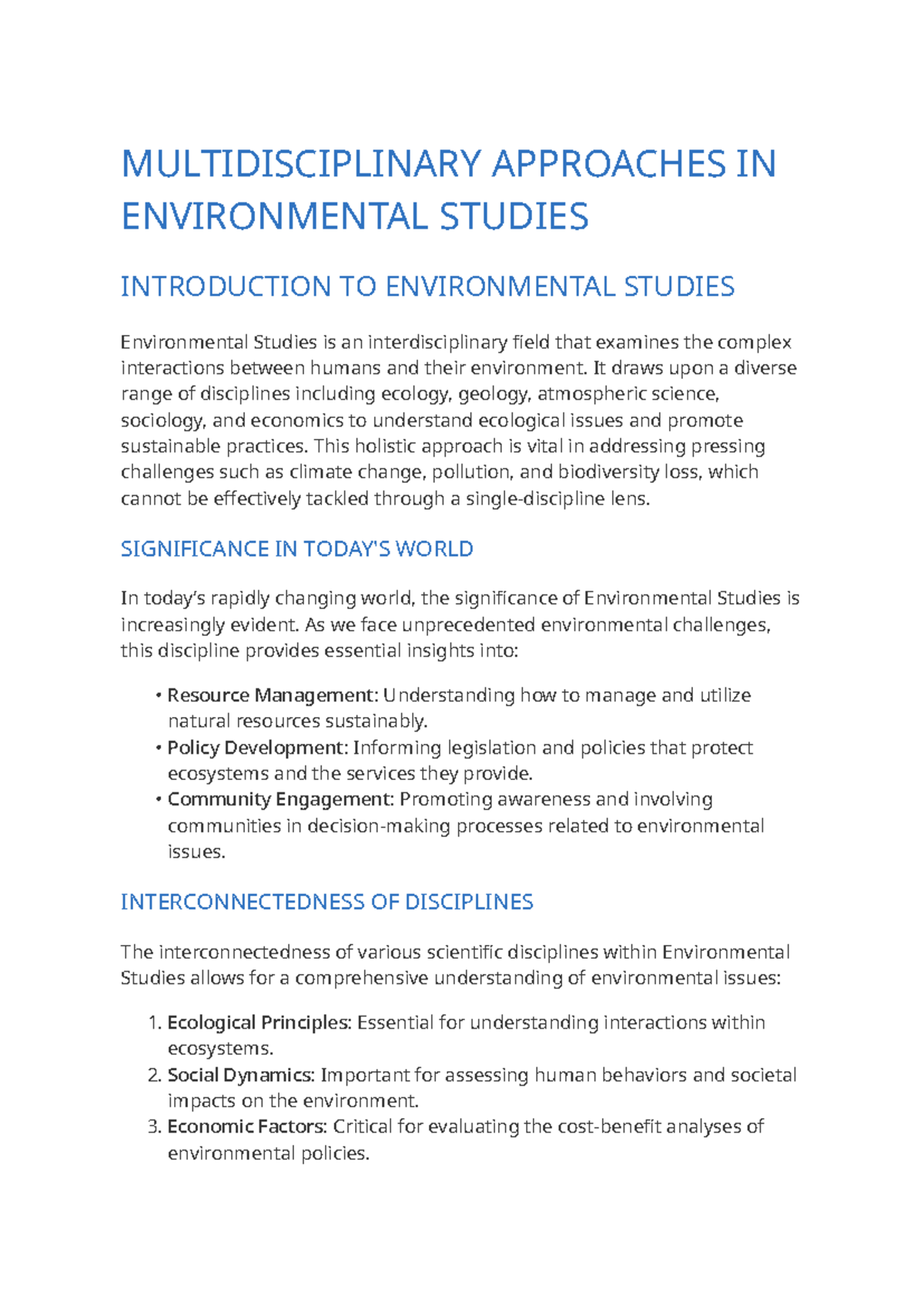 MULTIDISCIPLINARY APPROACHES IN ENVIRONMENTAL STUDIES: AN OVERVIEW ...