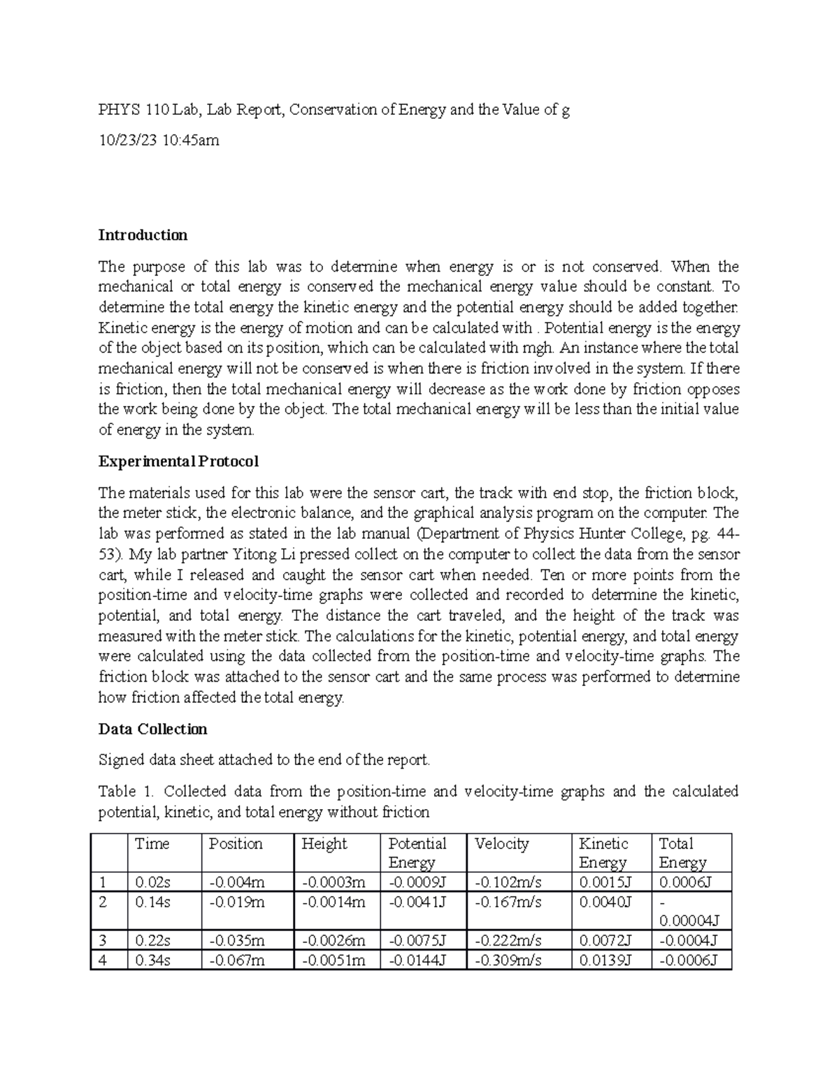PHYS 110 Lab Report 6: Conservation of Energy & Gravitational g Value ...