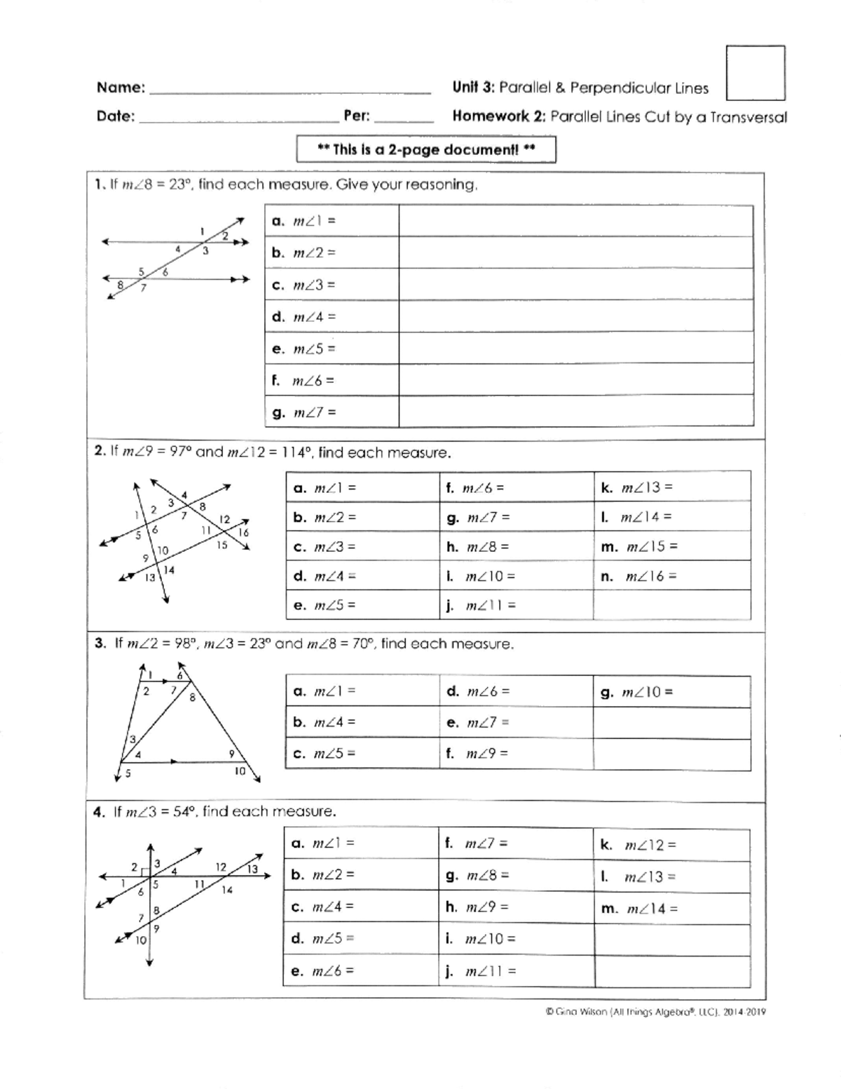 Unit 3 Lesson 2 Homework Name Unit 3 Parallel Perpendicular Lines Date Per Homework 2