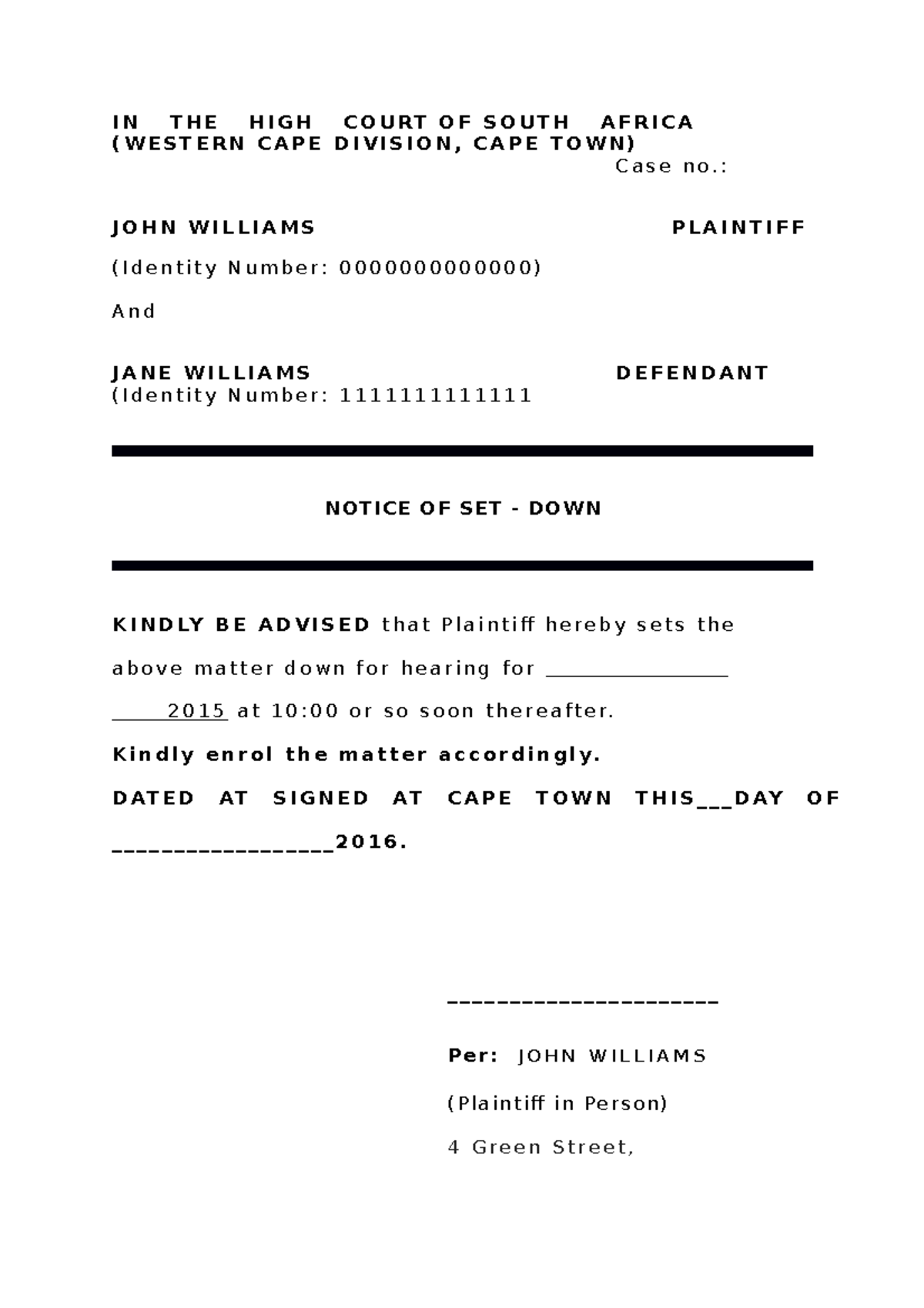 Notice of Set Down for Case No. 2015: Williams v. Williams - Studocu