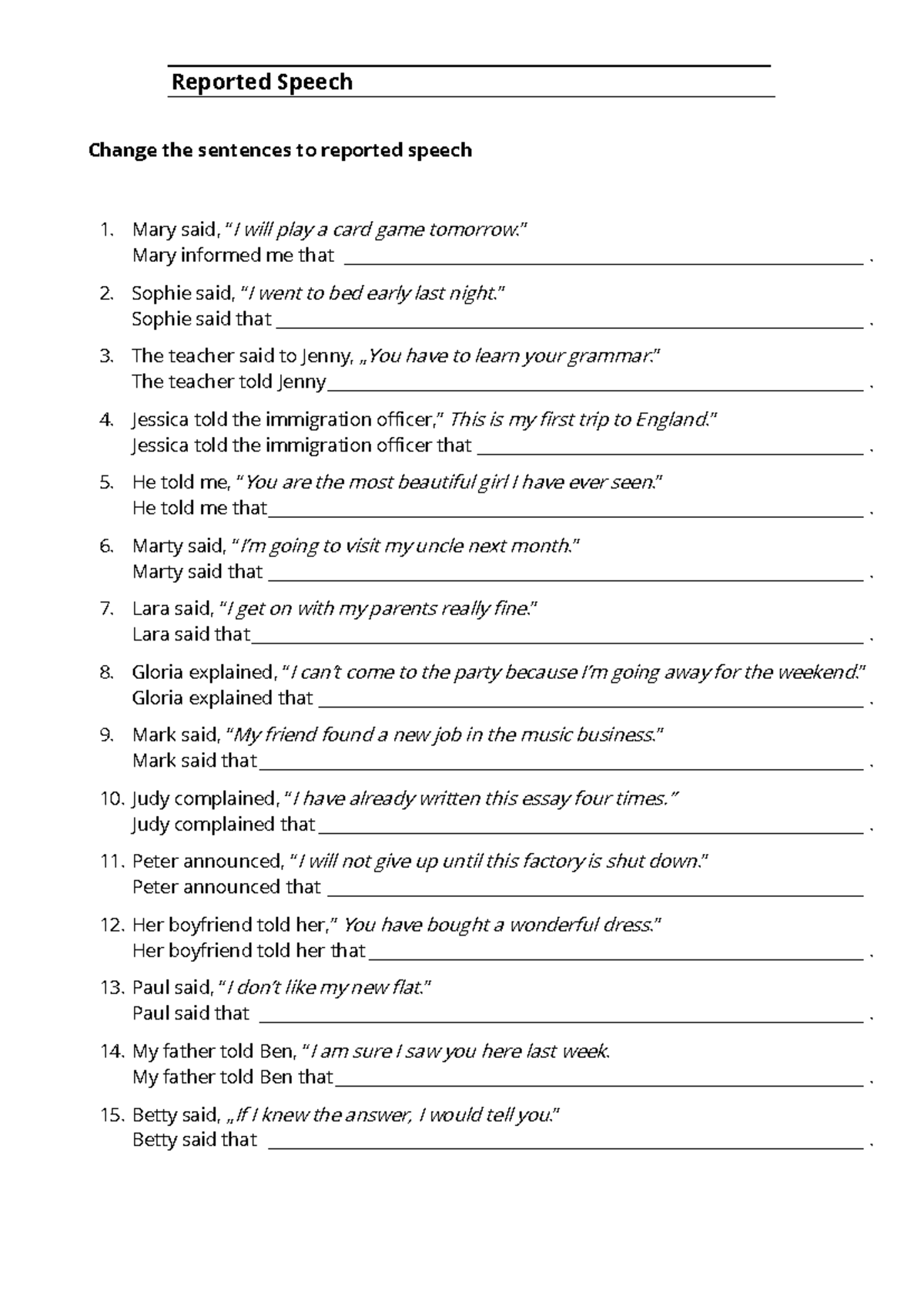 Reported Speech Exercises RS002: Transforming Direct to Indirect Speech ...