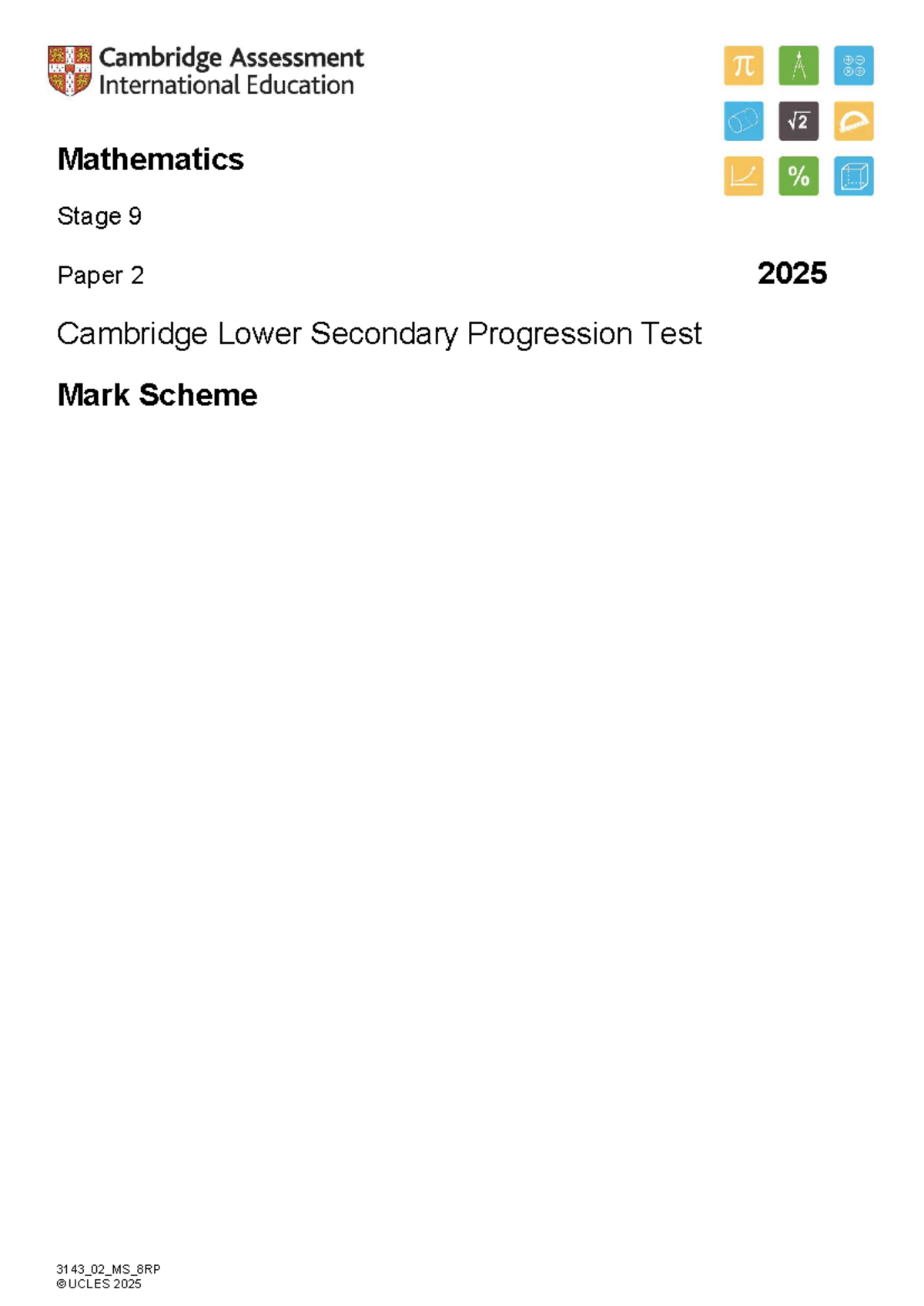 Cambridge Year 9 2025 Mathematics Stage 9 Paper 2 Mark Scheme - Studocu
