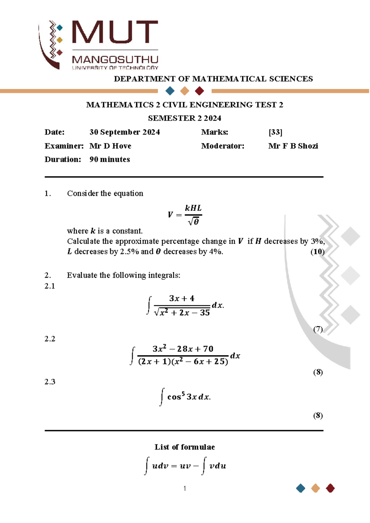 Maths 2 Civil Engineering Test 2 - Semester 2 2024 - Studocu