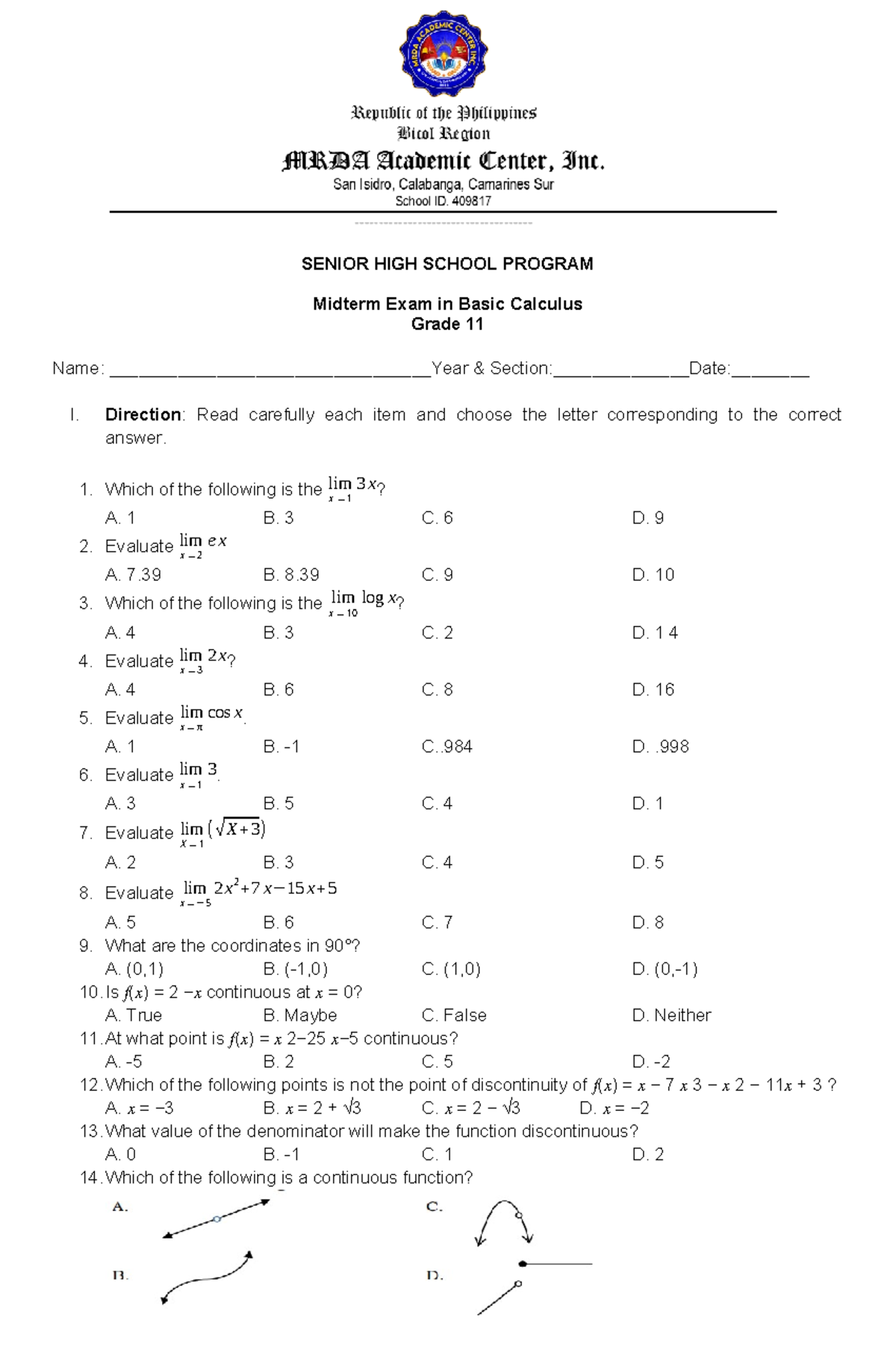 Midterm Exam in Basic Calculus - SENIOR HIGH SCHOOL PROGRAM Midterm ...