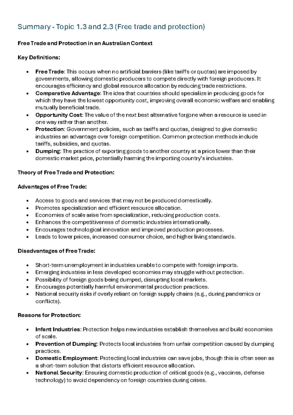Summary of Free Trade and Protection (ECO101) - Key Concepts and Trends ...