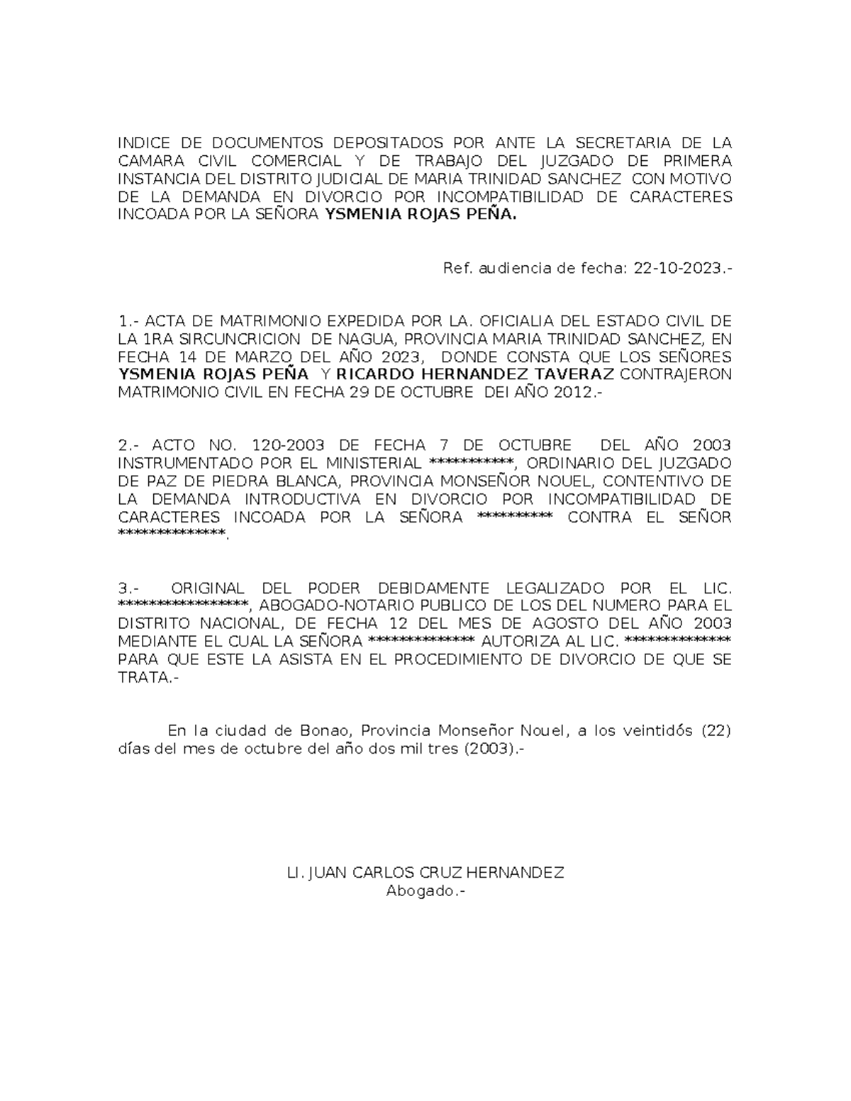 Índice de Documentos de Divorcio - Causa 05 - Audiencia 22-10-2023 ...