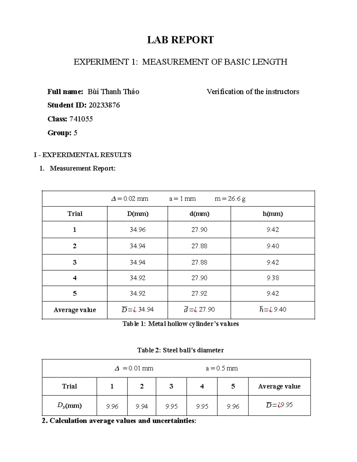 LAB Report 1 - Experiment on Basic Length Measurement (Class 741055 ...