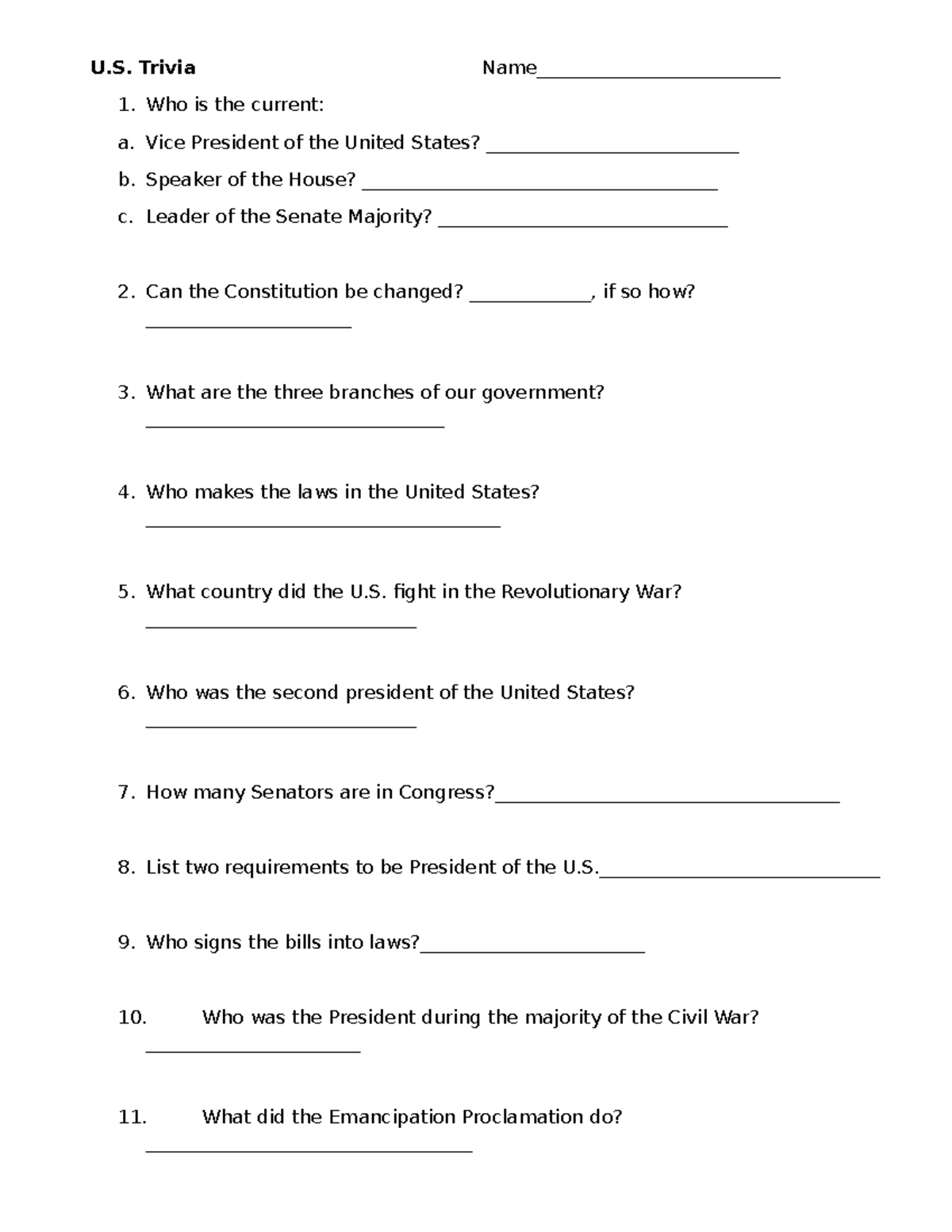 US Trivia - Ice Breaker Questions for Class Discussion - Studocu