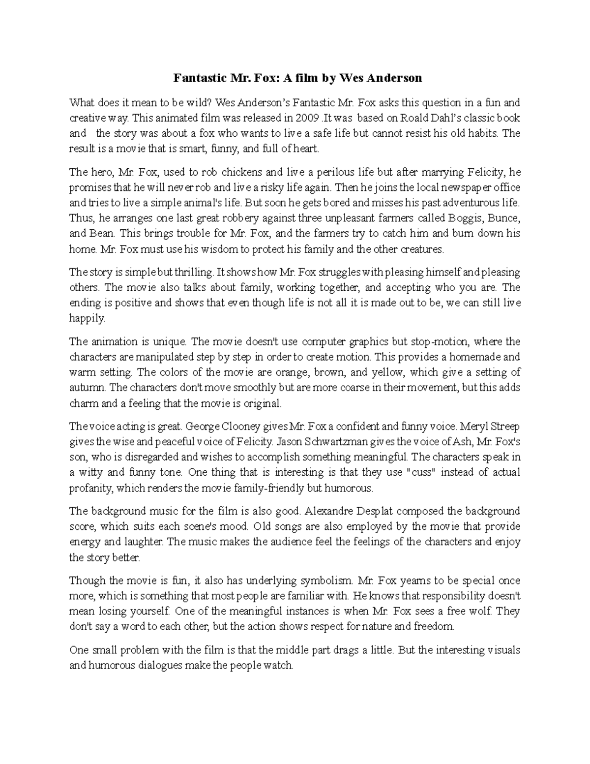 Fantastic Mr. Fox: A Creative Movie Review Analysis - Studocu