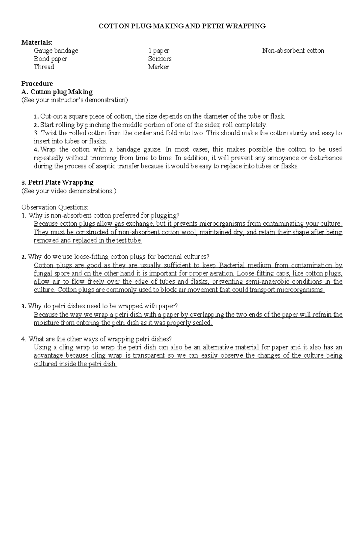 COT 101: Guide to Cotton Plug Making and Petri Dish Wrapping - Studocu