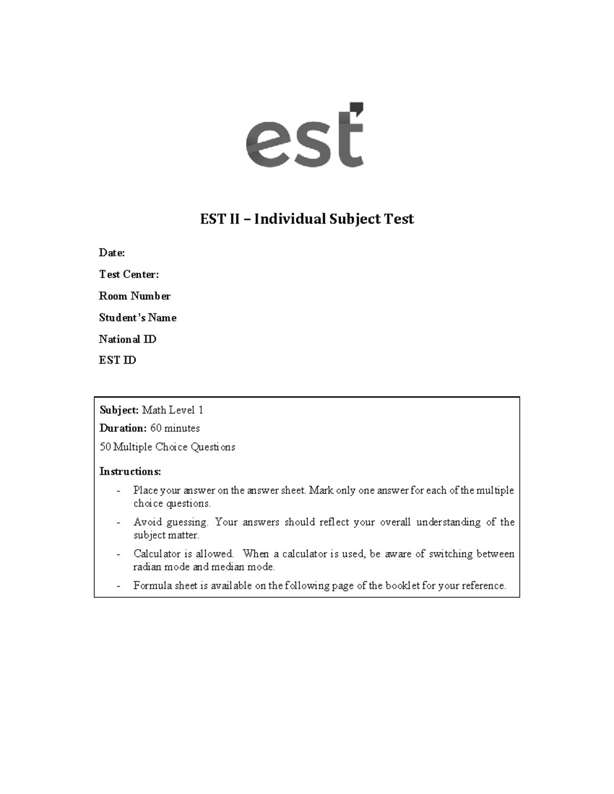 EST 2 Math Level 1 - Individual Subject Test Sample Questions - Studocu