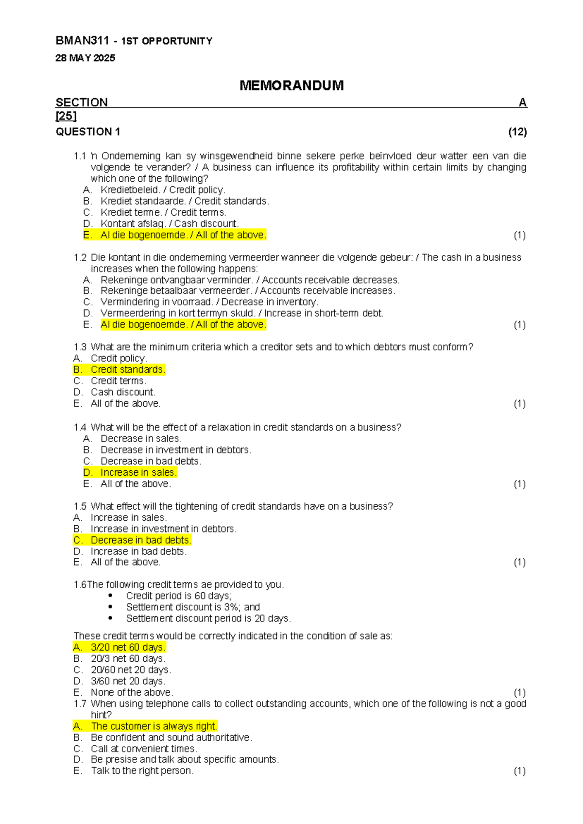 BMAN311 1ST OPPORTUNITY MEMO - 28 MAY 2025 SECTION A QUESTIONS - Studocu