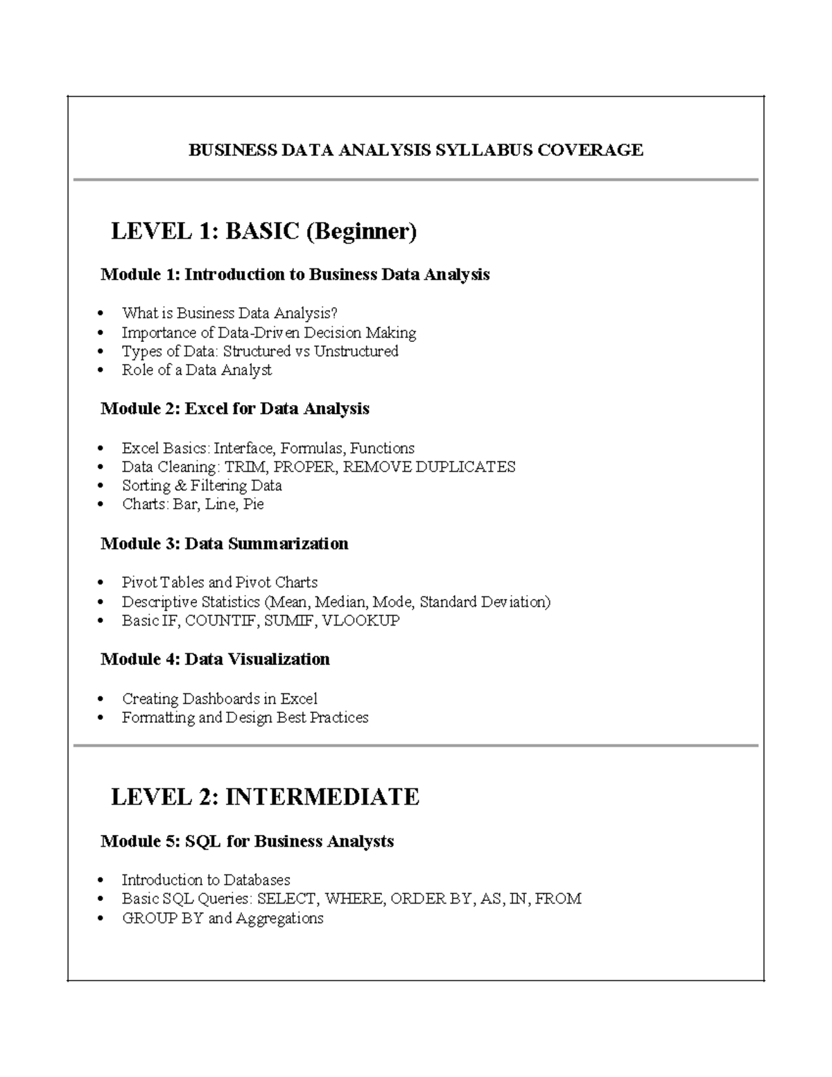 BUSINESS DATA ANALYSIS SYLLABUS: LEVEL 1 TO 3 OVERVIEW - Studocu
