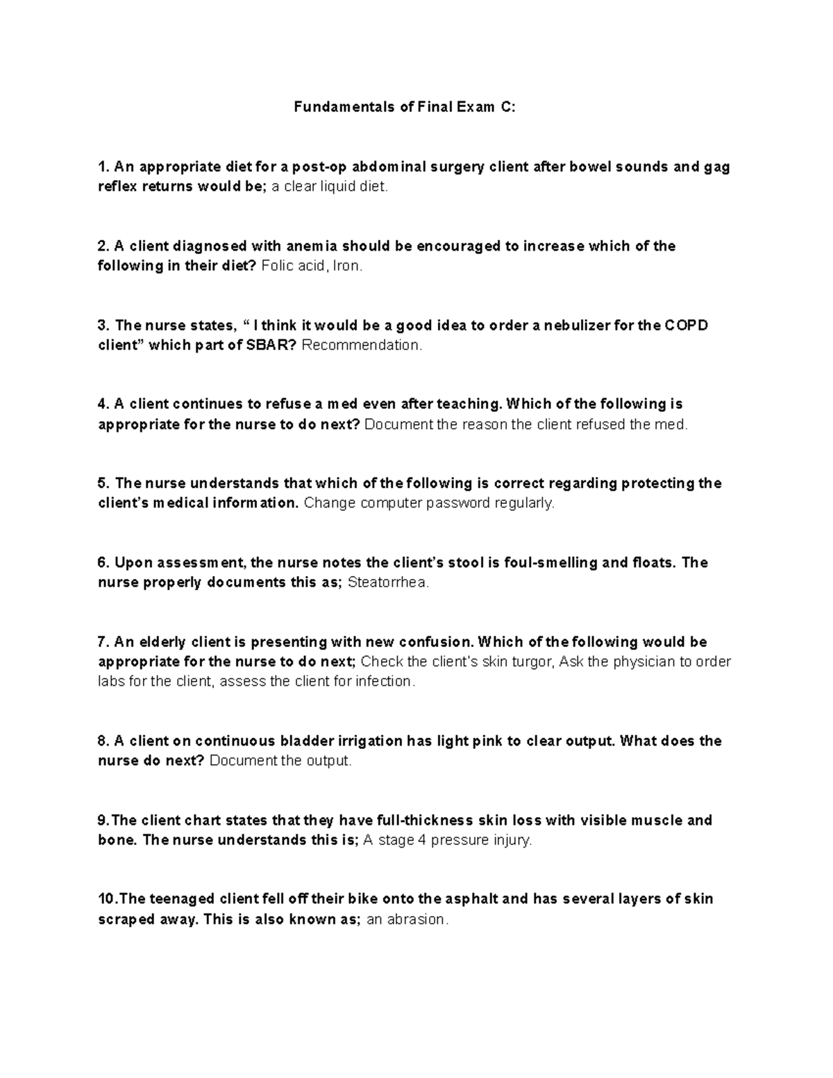 Fundamentals of Final Exam C: Nursing Care and Client Assessment - Studocu
