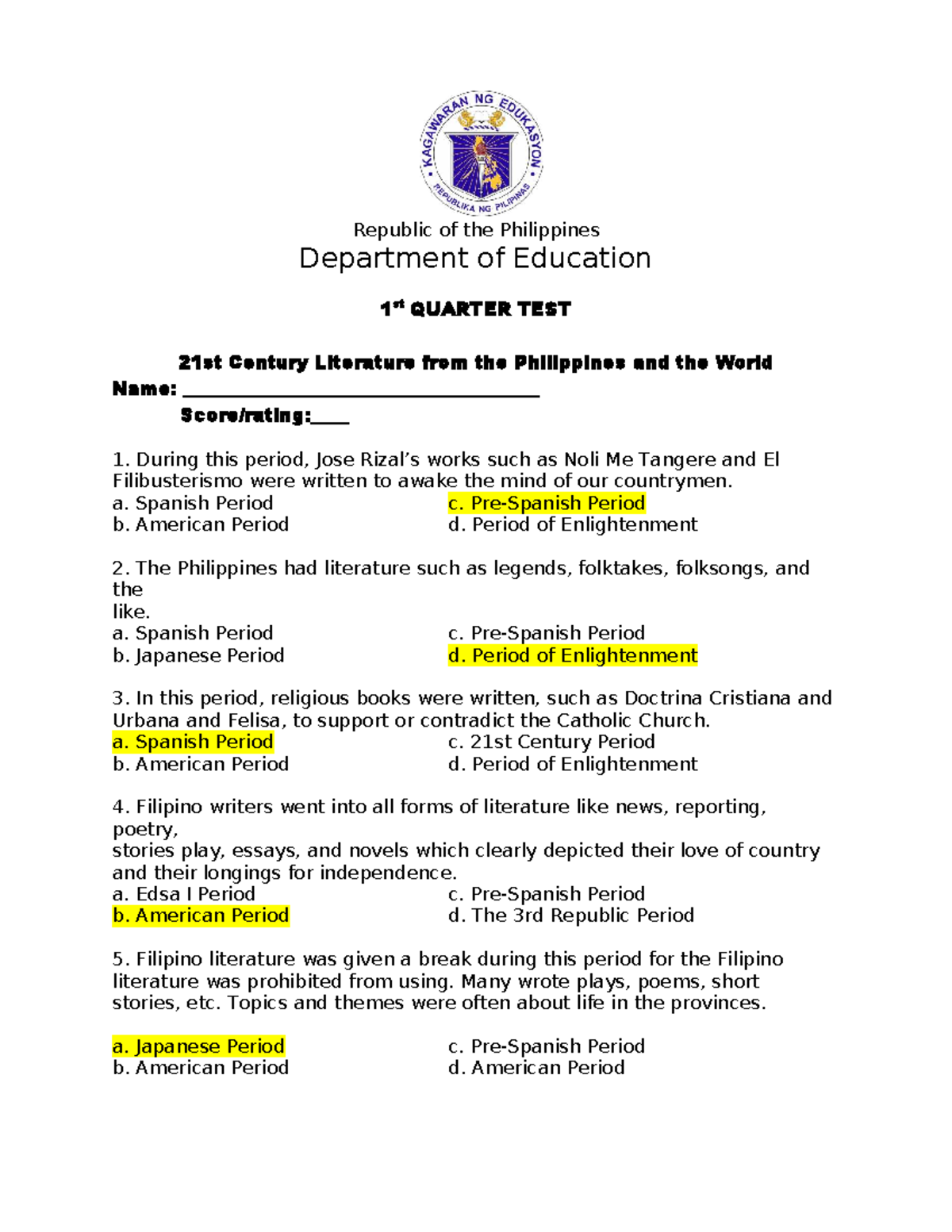 21st Century Literature from the Philippines - 1st Quarter Test - Studocu