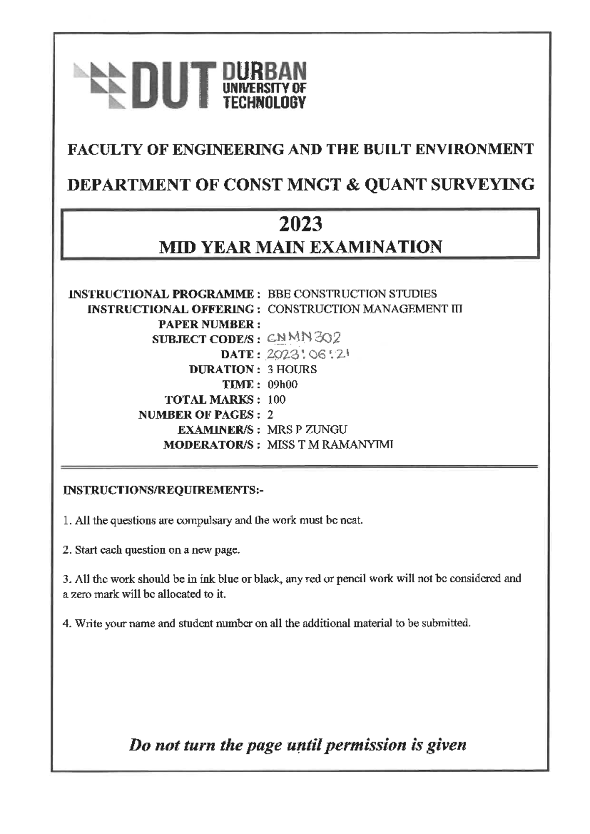 2023 CNMA302 Mid Year Main Exam: Construction Management QP - Studocu