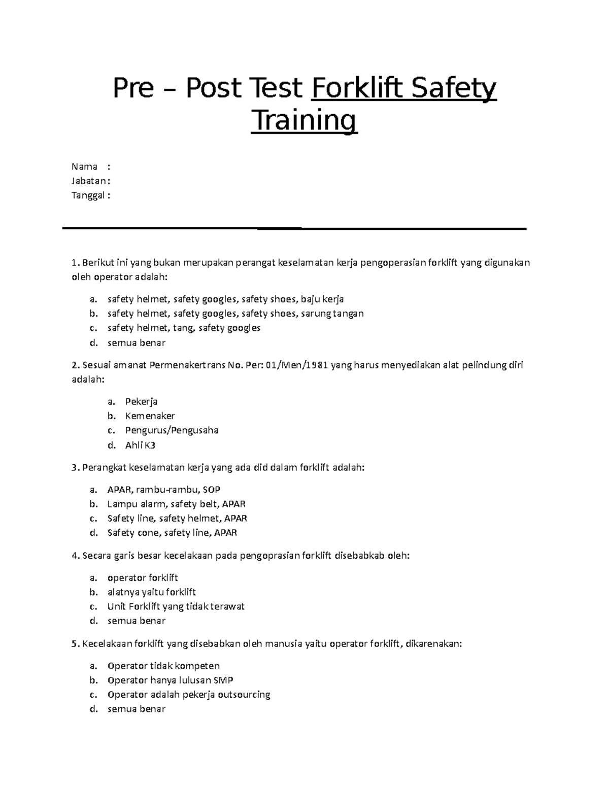 Pre – Post Test Forklift Safety - FORKFLIT - Studocu