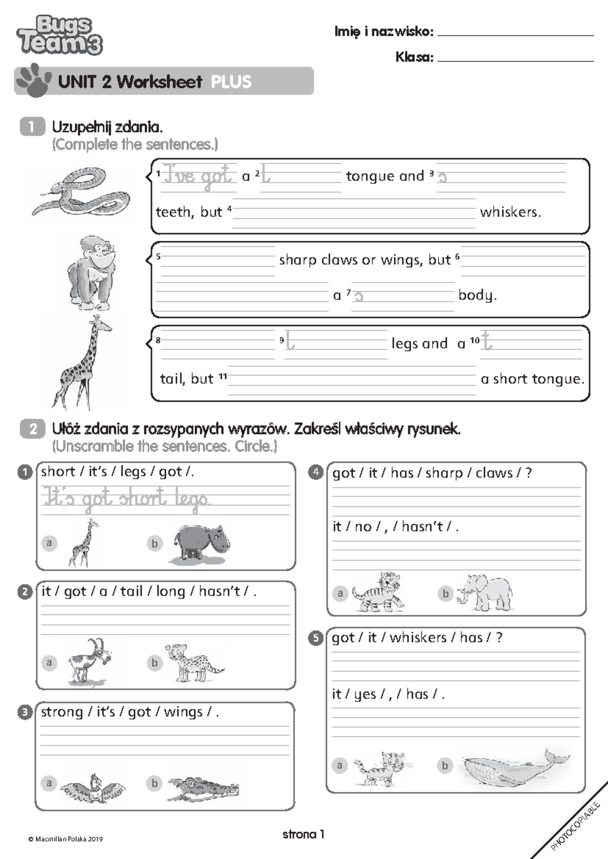Bugs Team 3 Unit 2 PB Worksheet Plus - Complete Sentences - Studocu