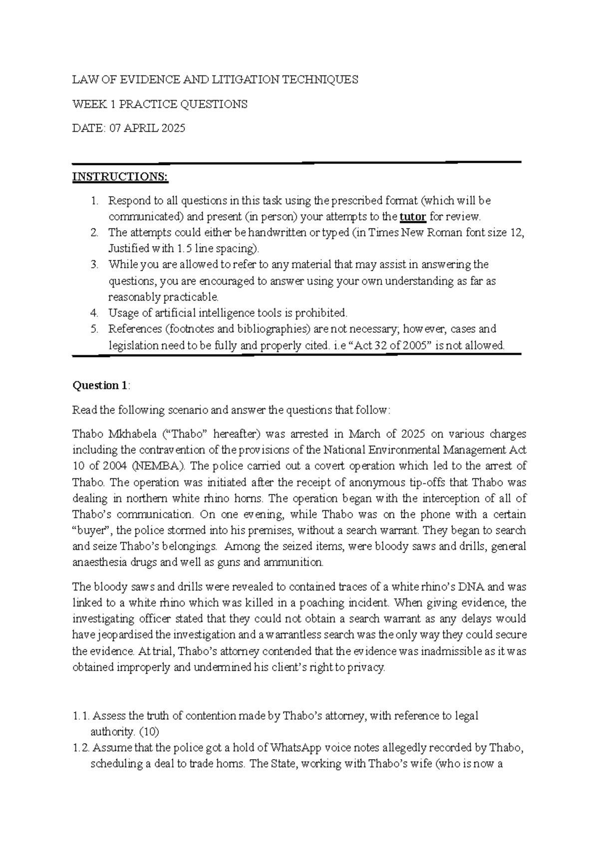 LAW OF EVIDENCE & LITIGATION TECHNIQUES: WEEK 1 PRACTICE Qs - Studocu