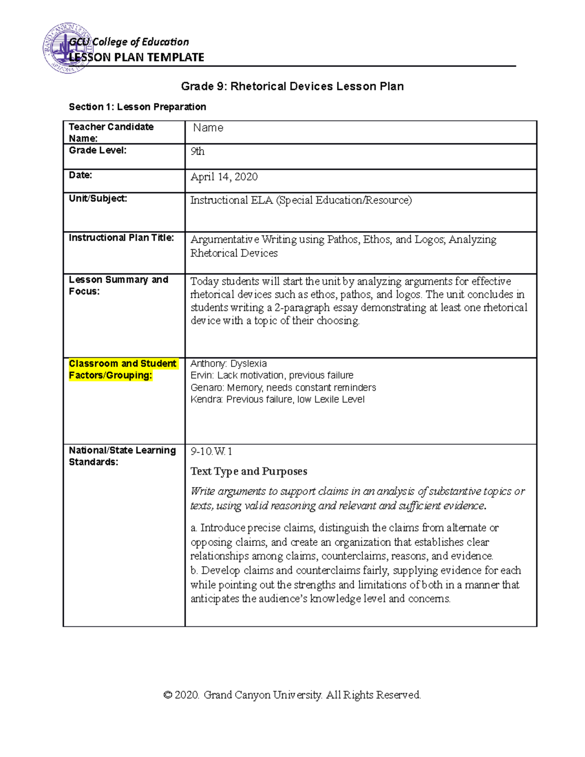 SPD 200 RS Grade 9 Rhetorical Devices Lesson Plan - LESSON PLAN ...