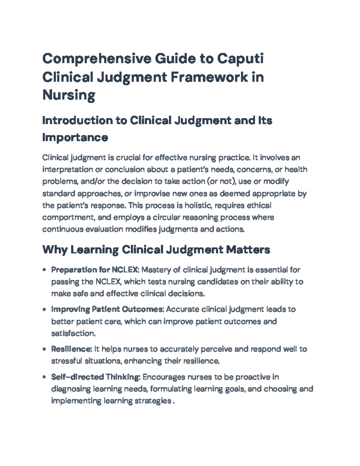 Caputi Clinical Judgment Framework: A Guide for Nursing Practice - Studocu