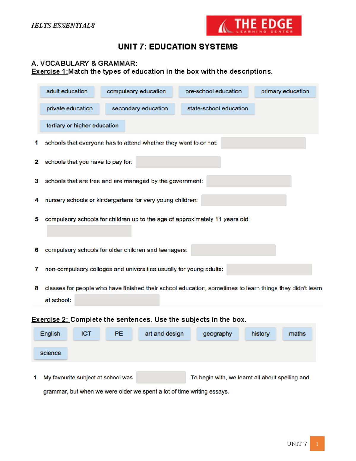UNIT 7: Education Systems - Vocabulary, Grammar & Writing Exercises ...