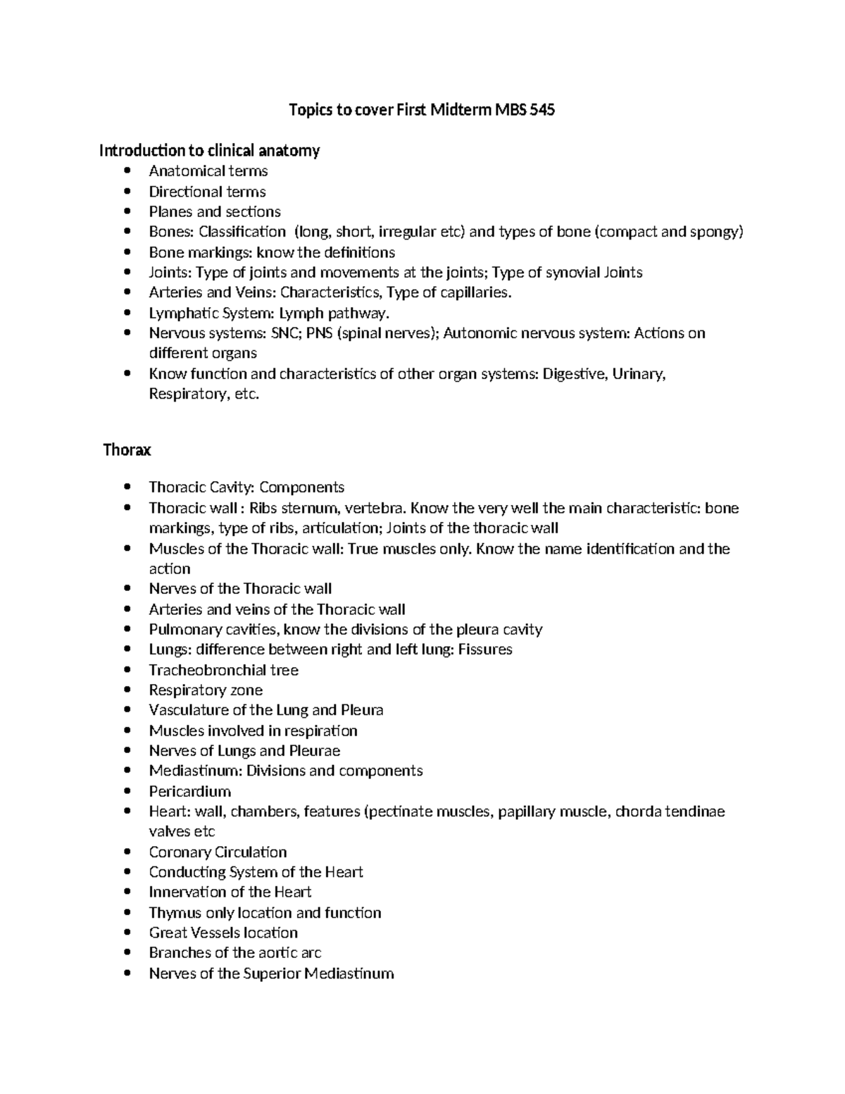 First Midterm Review Notes for MBS 545: Clinical Anatomy Overview - Studocu