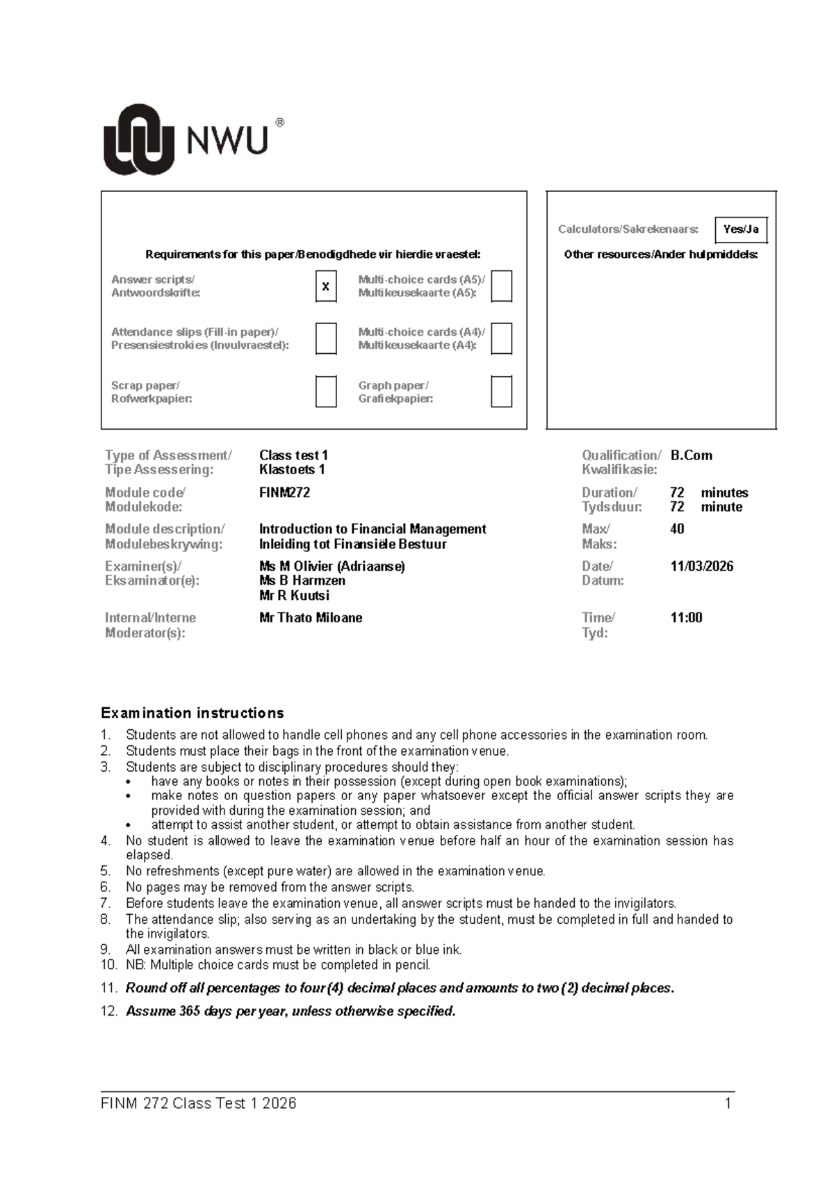 FINM272 Class Test 1 2026: Financial Management Requirements and ...