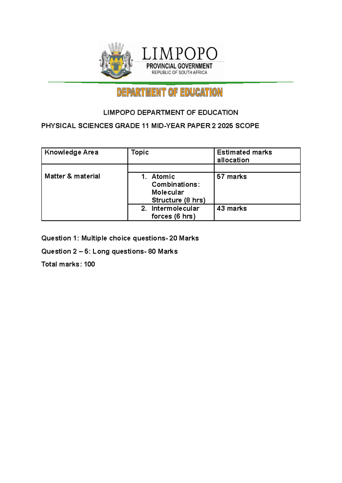 Grade 11 Physical Sciences MID-YEAR Paper 2 Scope 2025 - LIMPOPO ...