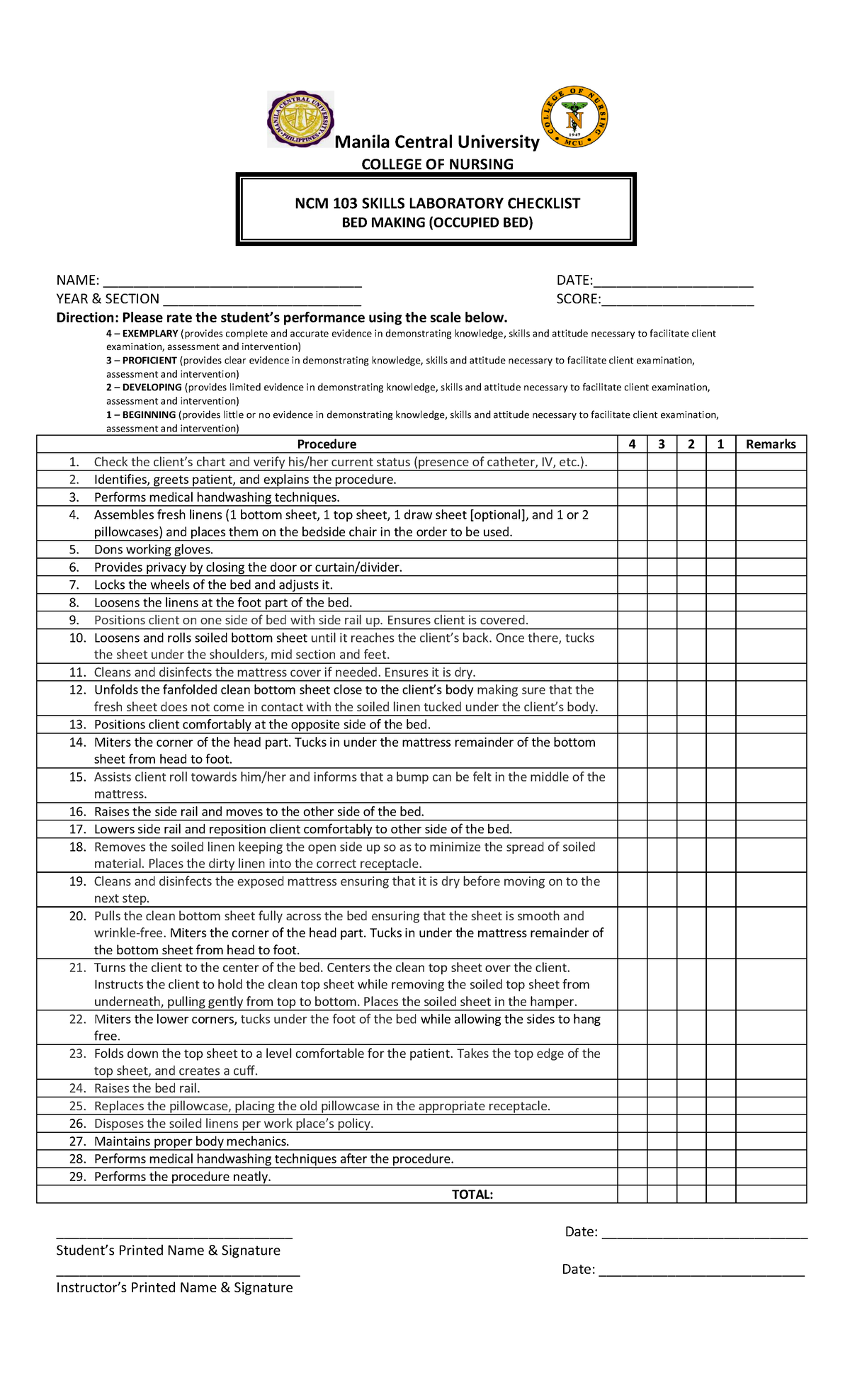 NCM 103 Bedmaking Skills Lab Checklist - Occupied Bed Technique - Studocu