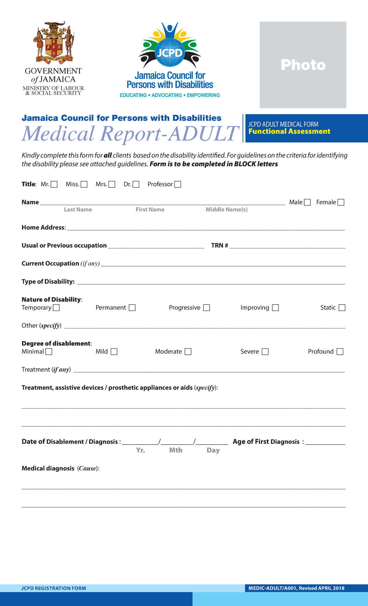 JCPD-Adult Medical Functional Assessment Form Guidelines - Studocu