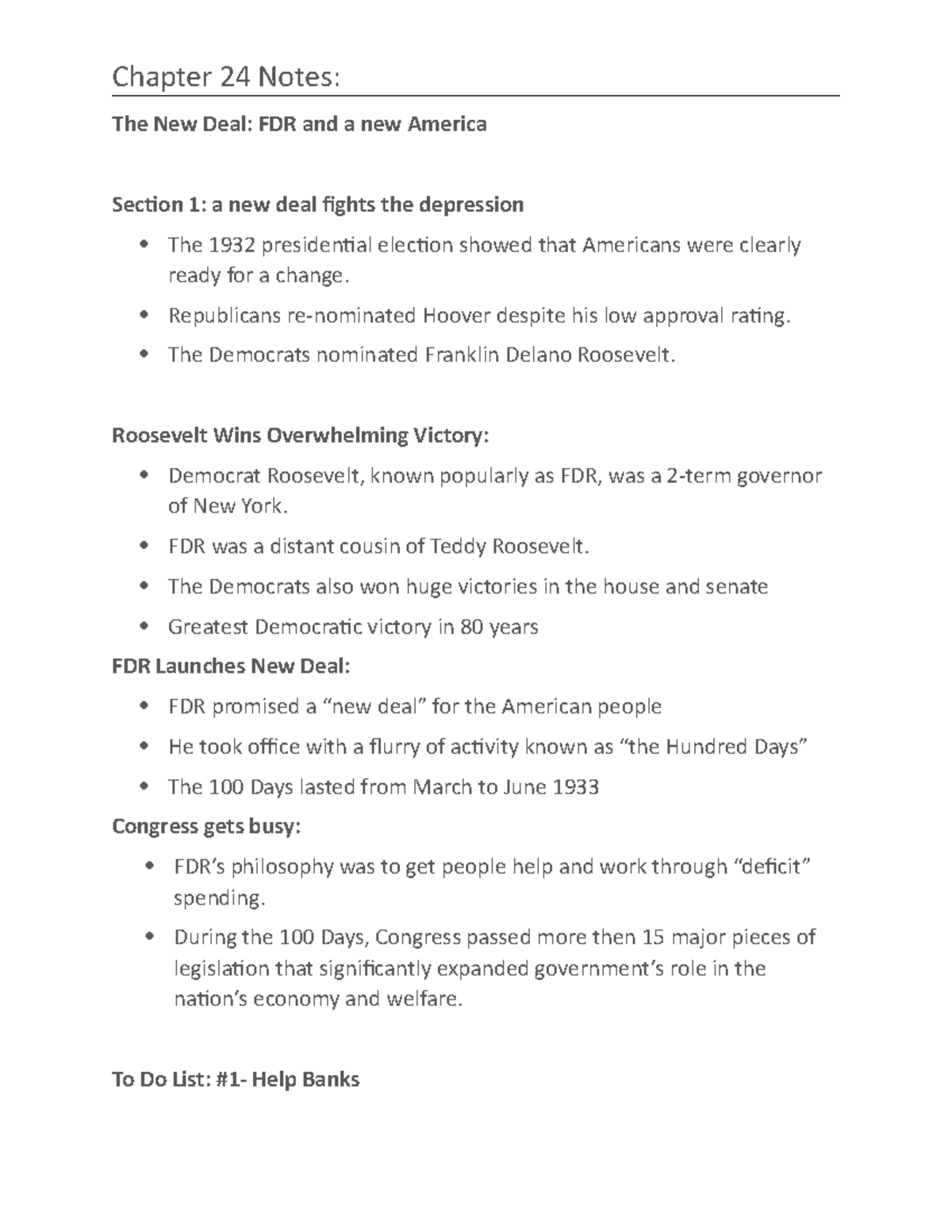 Chapter 24 Notes - Chapter 24 Notes: The New Deal: FDR and a new ...