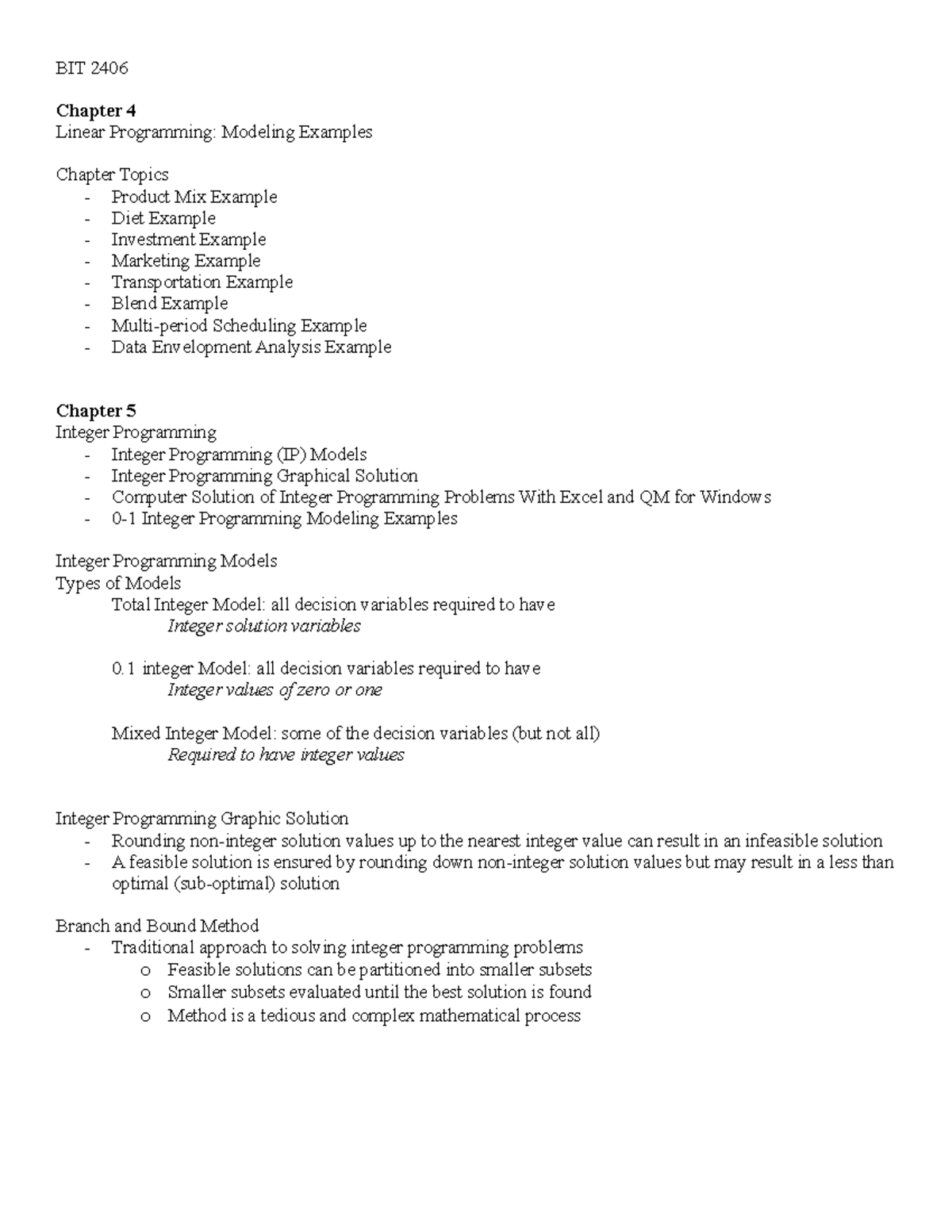 BIT 2406 Exam 2 Study Guide: Linear and Integer Programming Notes - Studocu