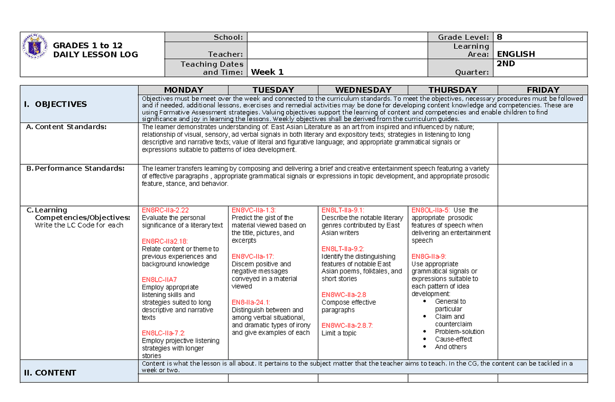 DLL-ENG8-2NDQ-Weekly Lesson Plan for Grade 8 English - Studocu