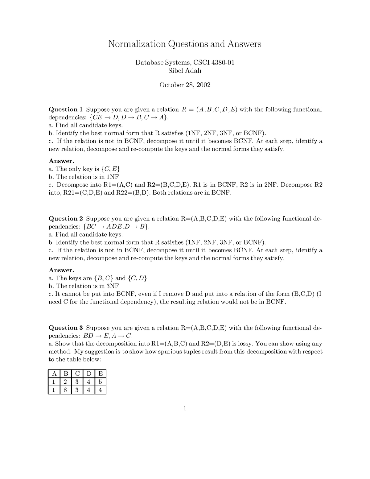 Database Normalization Q&A for CSCI 4380-01 - Comprehensive Guide - Studocu