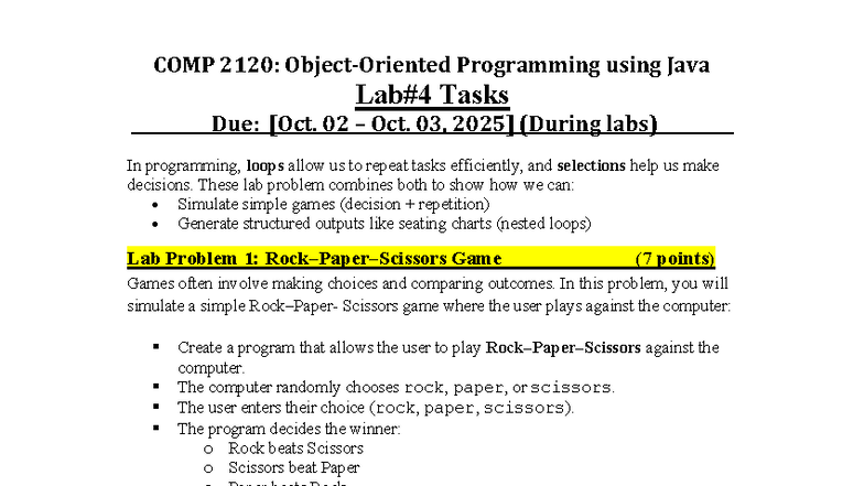 COMP 2120: Lab 4 - Java Programming with Loops and Selections - Studocu