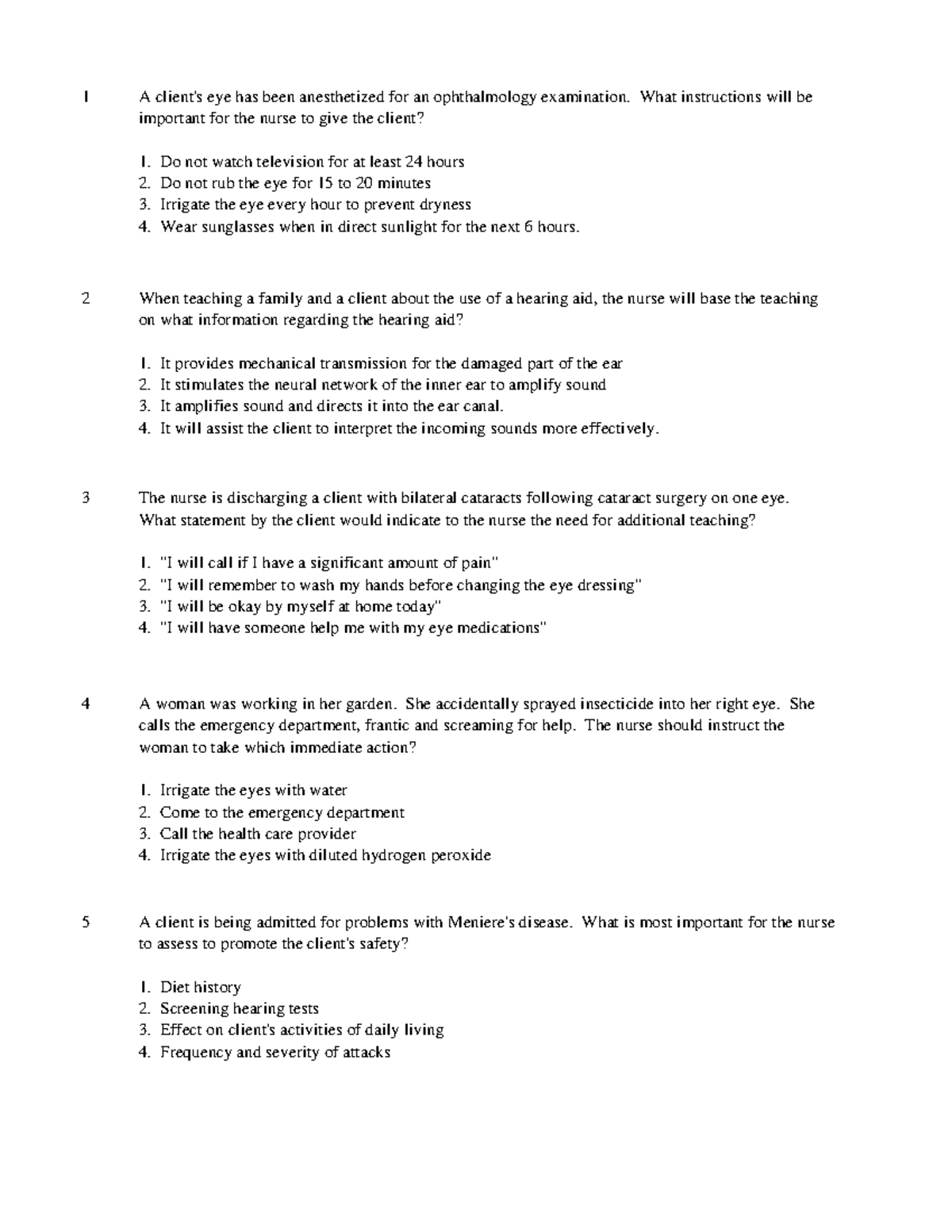 Test 1 - Ears and Eyes: Essential Nursing Questions and Answers - Studocu