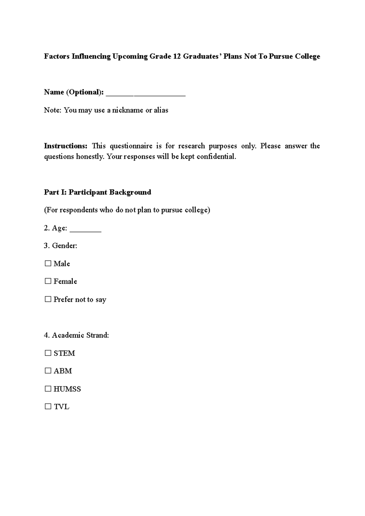 Grade 12 Plans Survey: Factors Against College Pursuit - Studocu