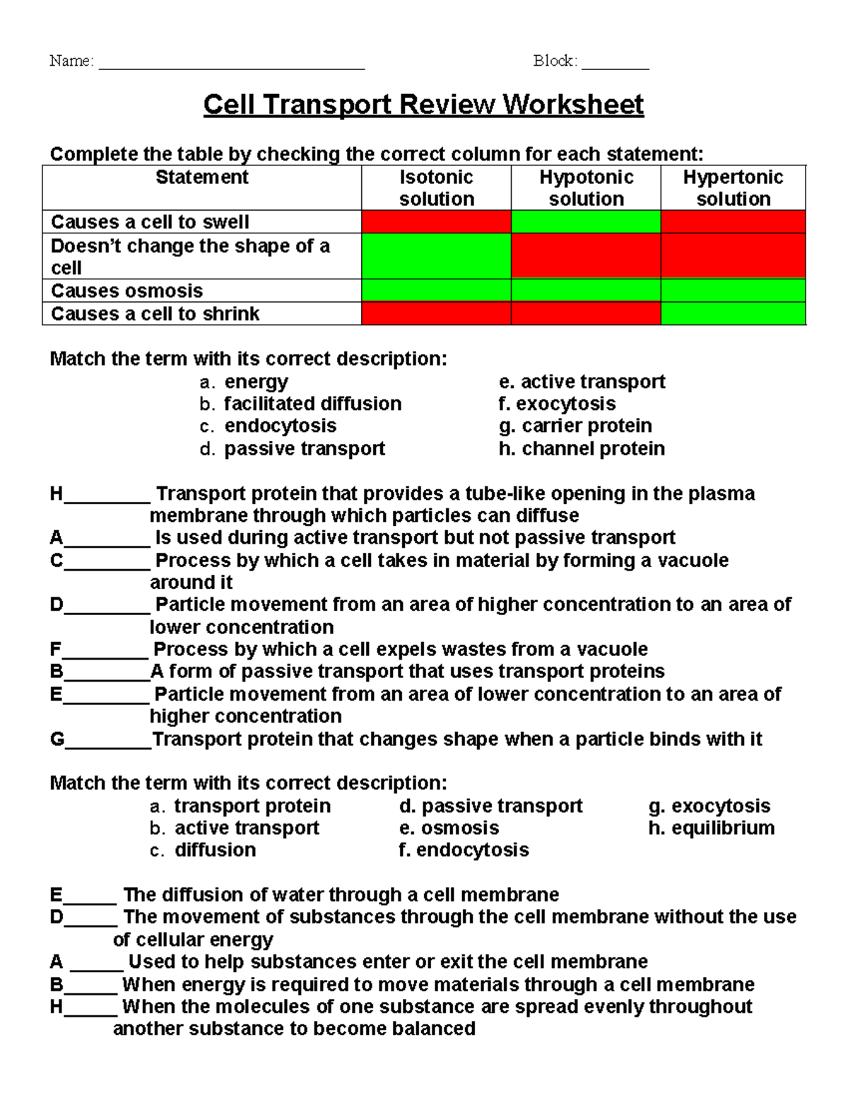 Cell Transport Review Worksheets - Name ...