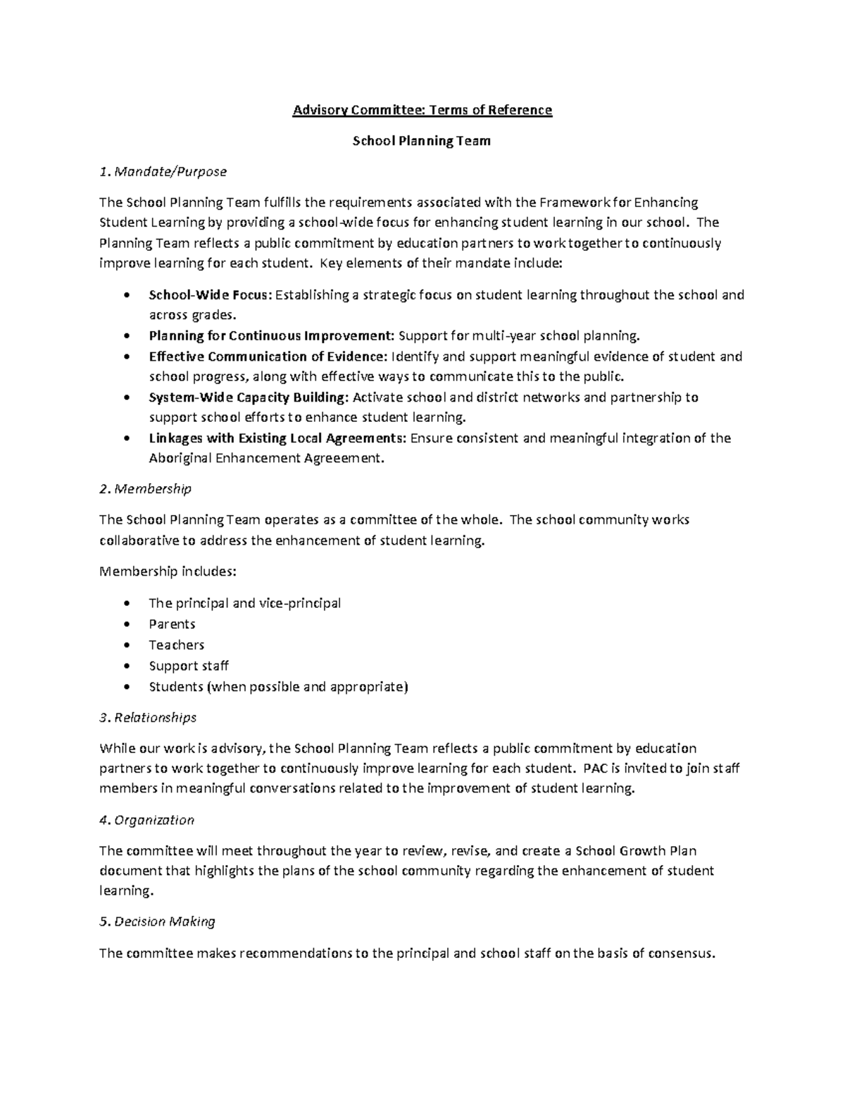 School Planning Team Terms of Reference: Advisory Committee Guide - Studocu