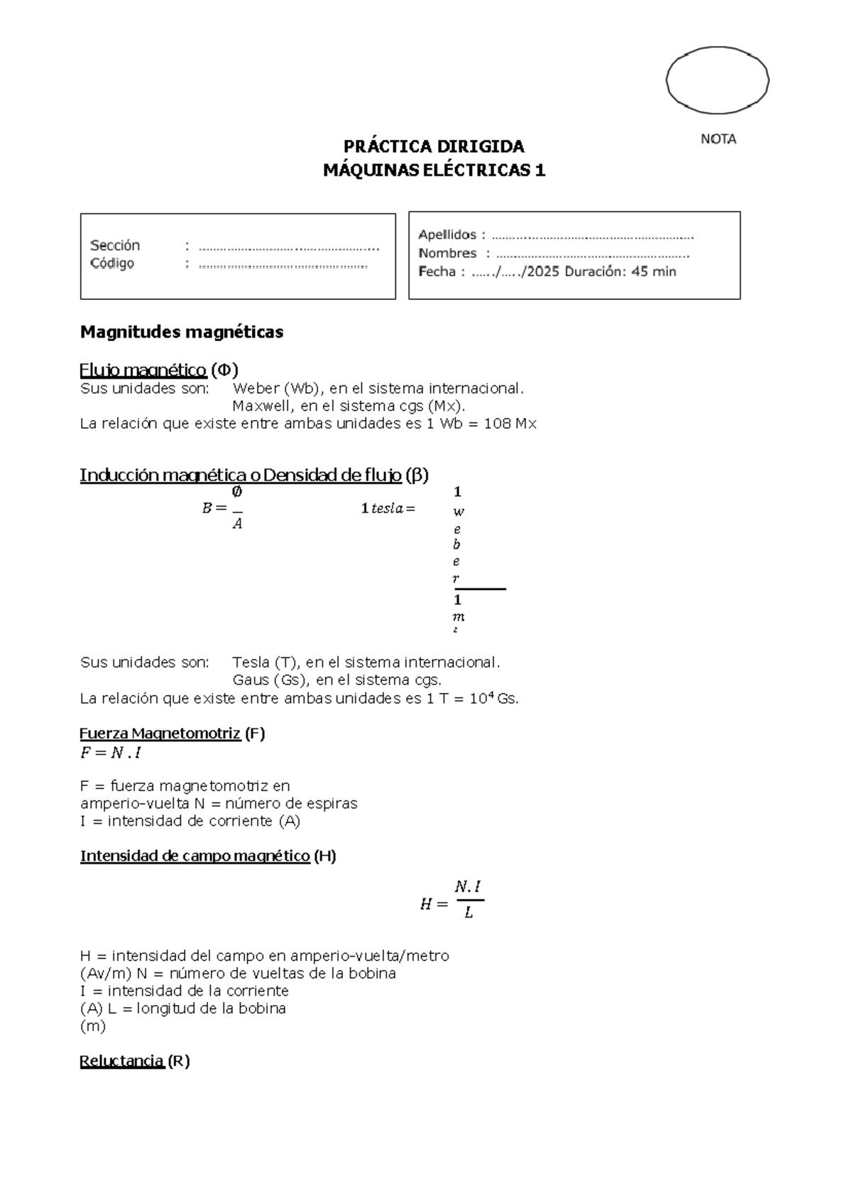 PRÁCTICA DIRIGIDA MAQUINAS ELÉCTRICAS 1: MAGNITUDES Y FLUJO - Studocu
