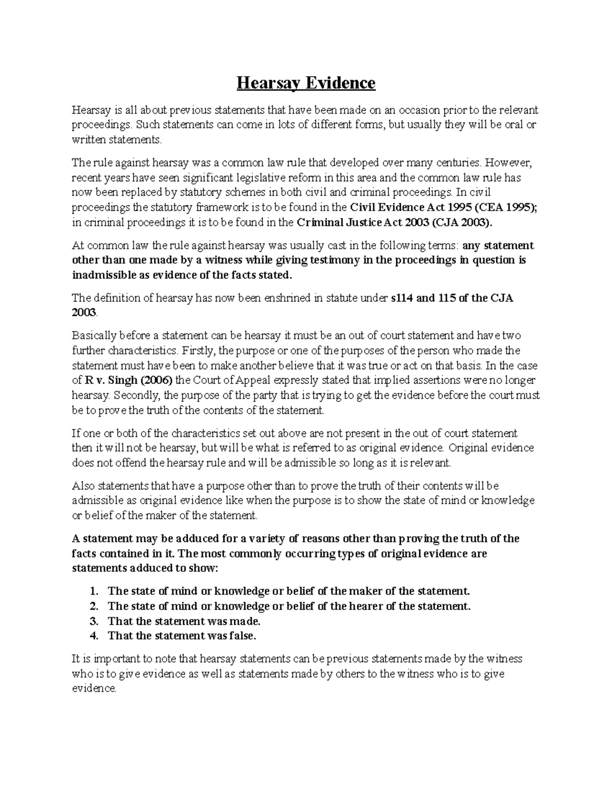 Hearsay Evidence - Lecture Notes 6: Understanding Legal Framework - Studocu