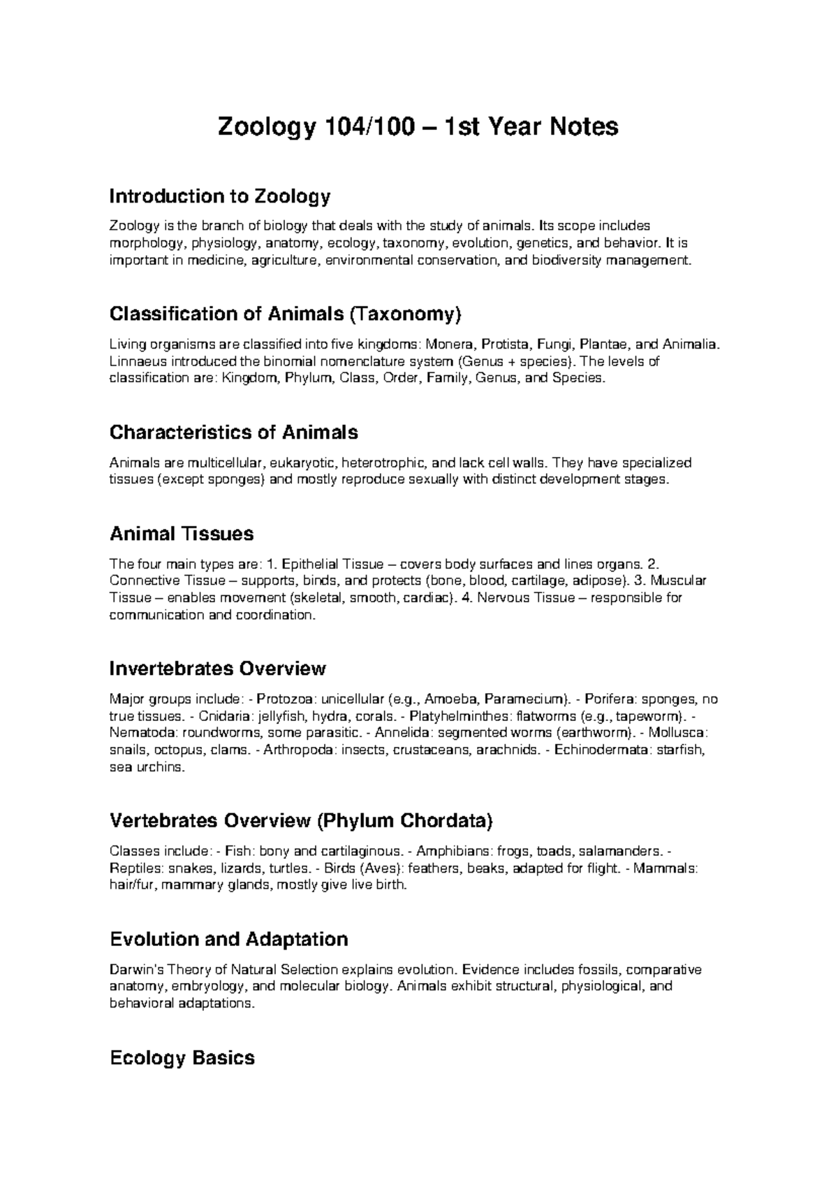 Zoology 104 Notes: Introduction to Animal Biology and Classification ...