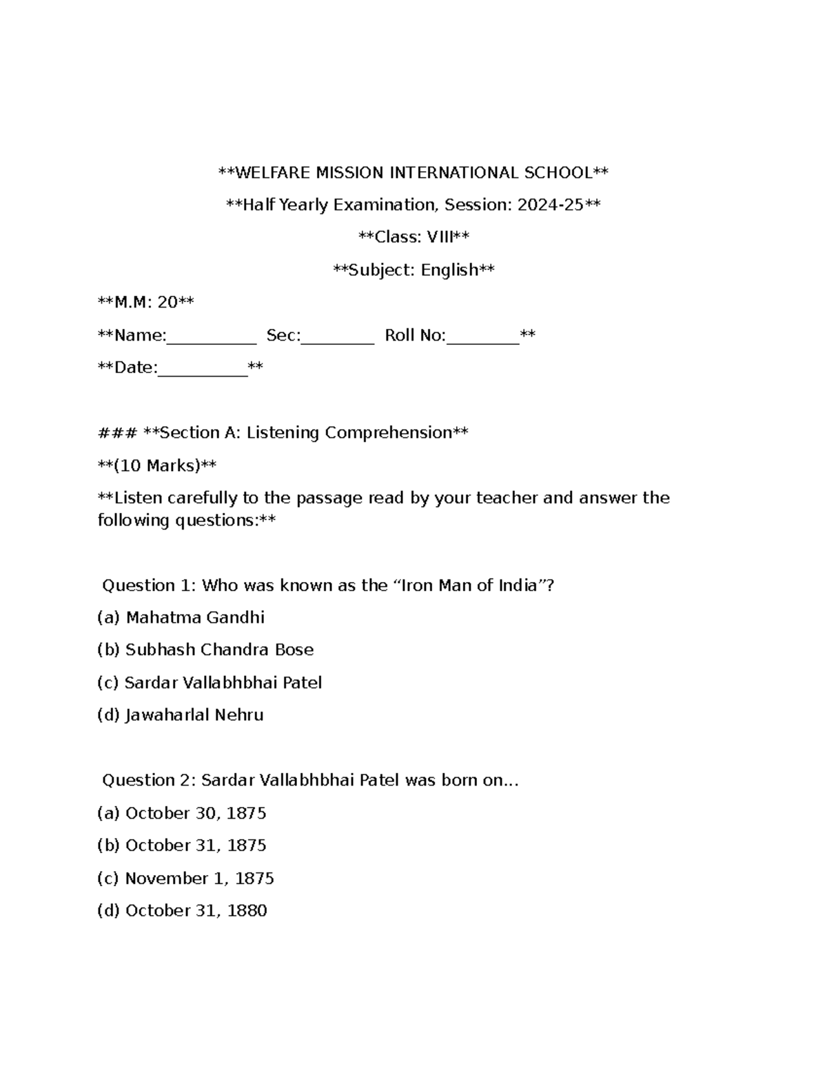 ASL Class-VIII Yearly Exam: Listening Comprehension Questions - Studocu