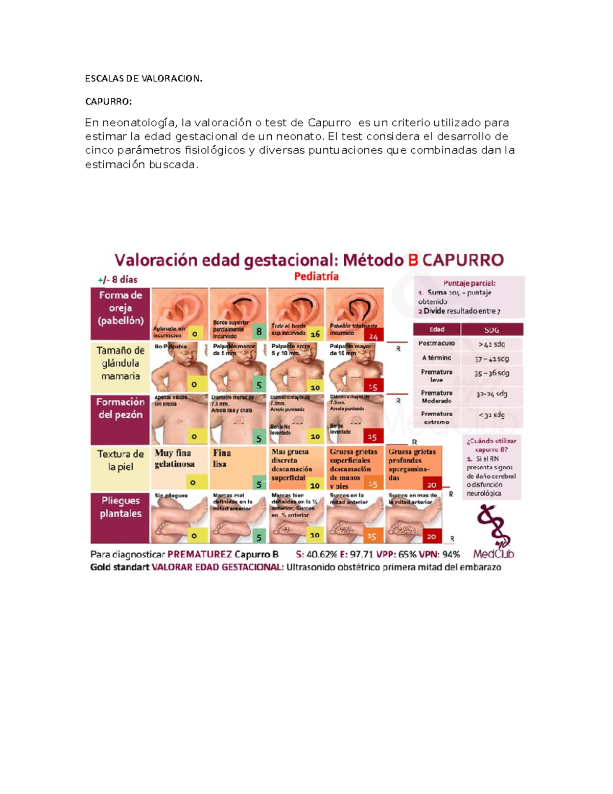 Meche - werwerwe - ESCALAS DE VALORACION. CAPURRO: En neonatología, la ...