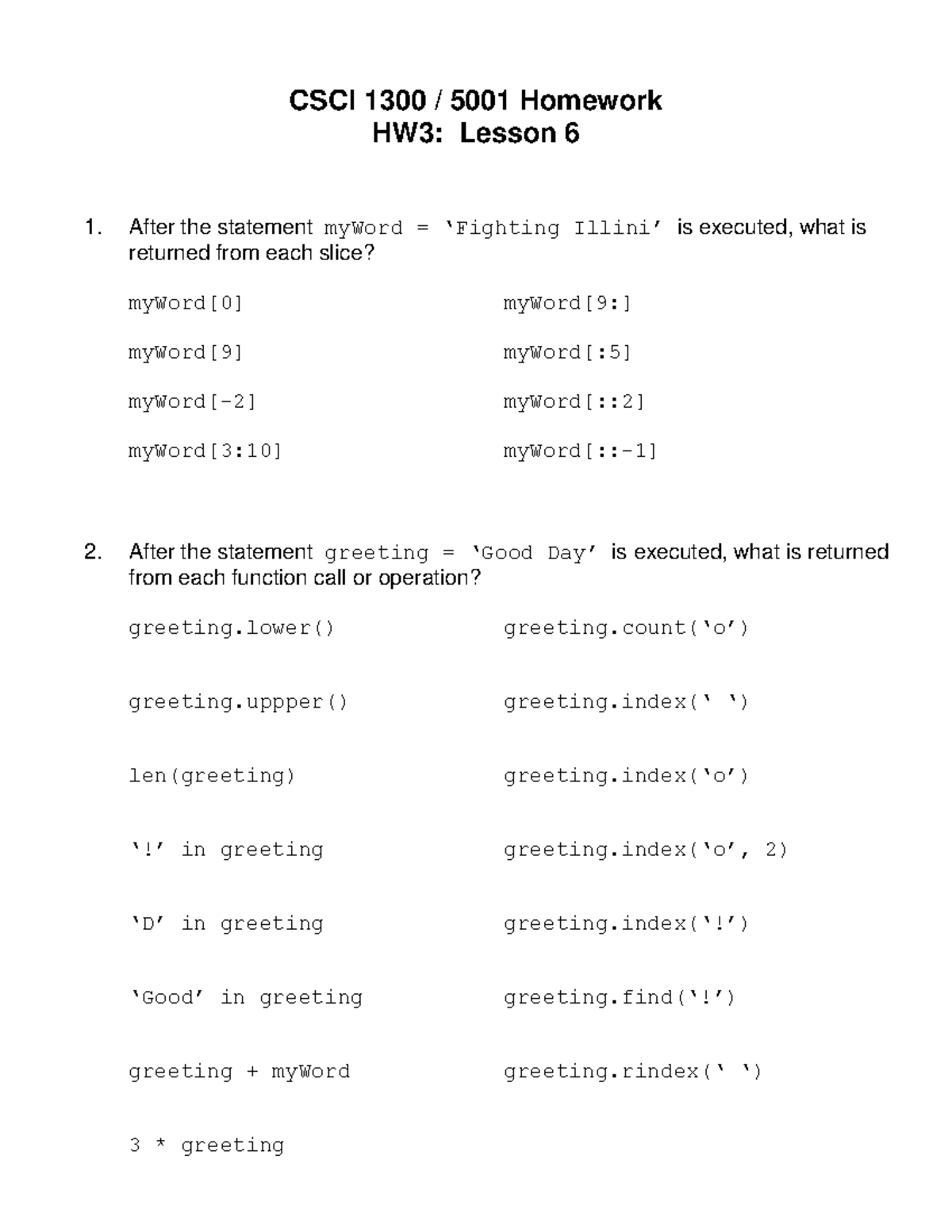 CSCI 1300 5001 Homework 3: String & List Ops in Python - Studocu